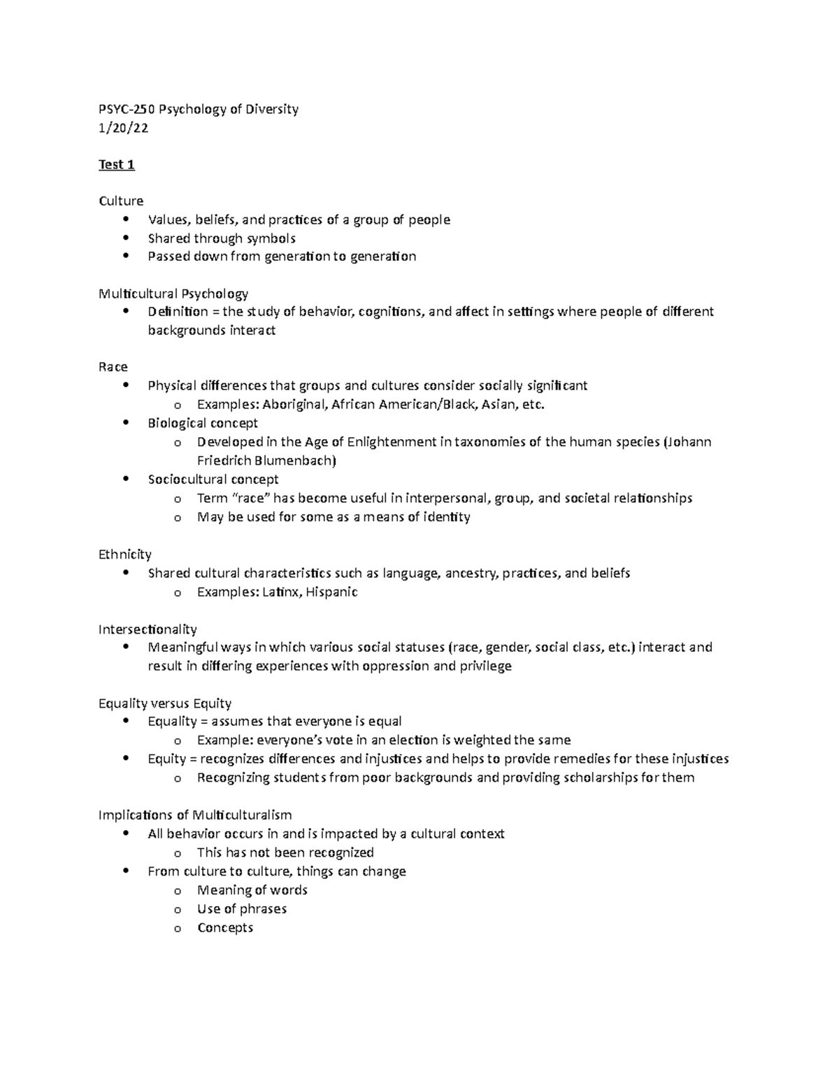 PSYC-250 Test 1 - Lecture notes Weeks 1-4 - PSYC-250 Psychology of ...