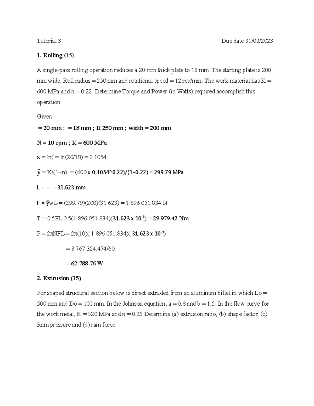 A Hlamapi 222072567 - Tutorial 3 - Tutorial 3 Due date 31/03/ Rolling ...