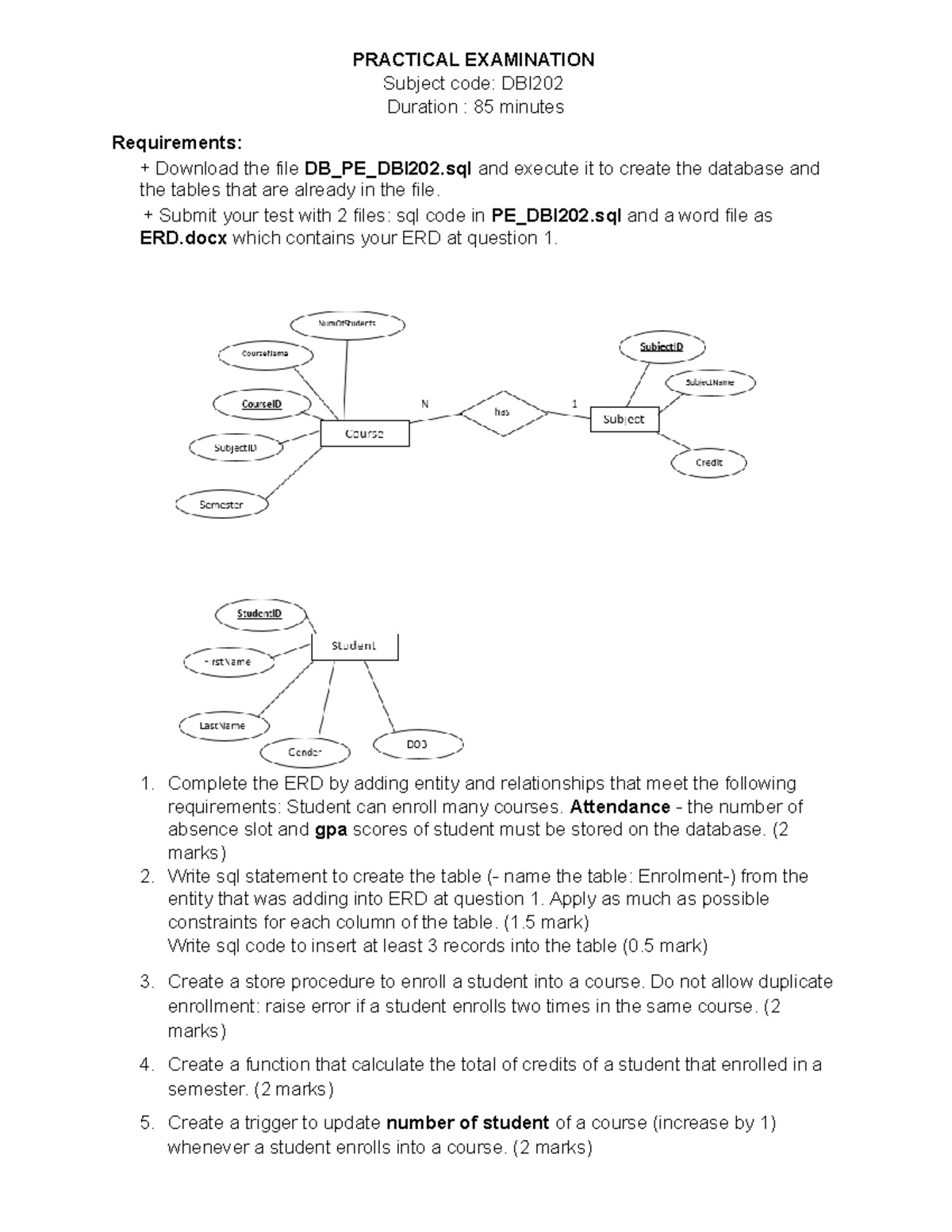 DBI202 PE FA23 - PE BDI FAll 2023 - PRACTICAL EXAMINATION Subject code: DBI Duration : 85 ...
