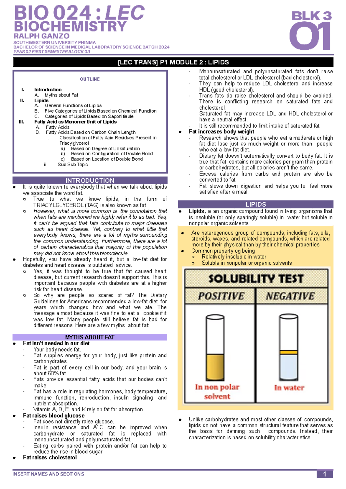 02 LEC BIO024 Lipids - [LEC TRANS] P1 MODULE 2 : LIPIDS OUTLINE I ...