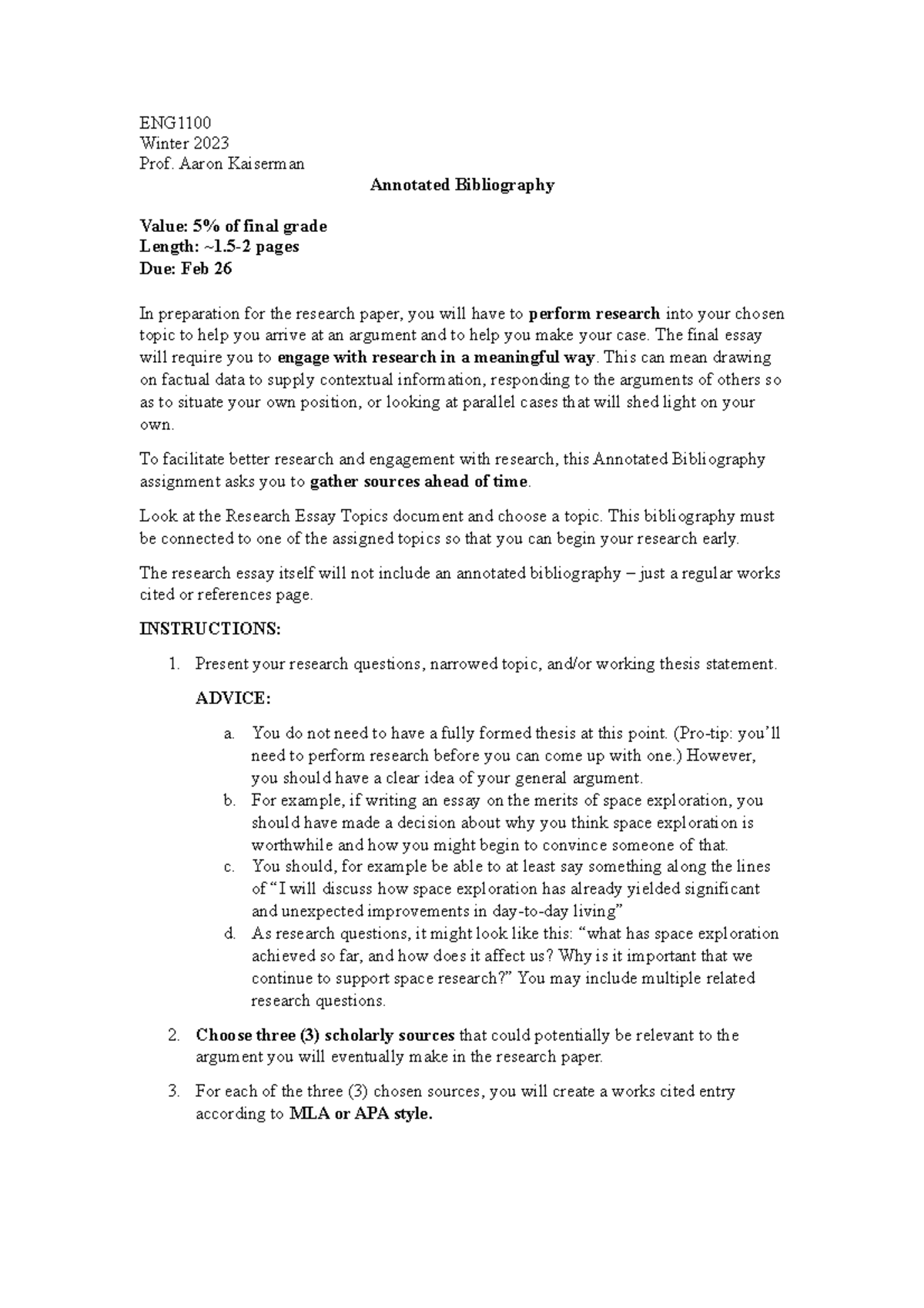 Annotated Bibliography Assignment ENG1100 Winter 2023 - ENG Winter 2023 ...