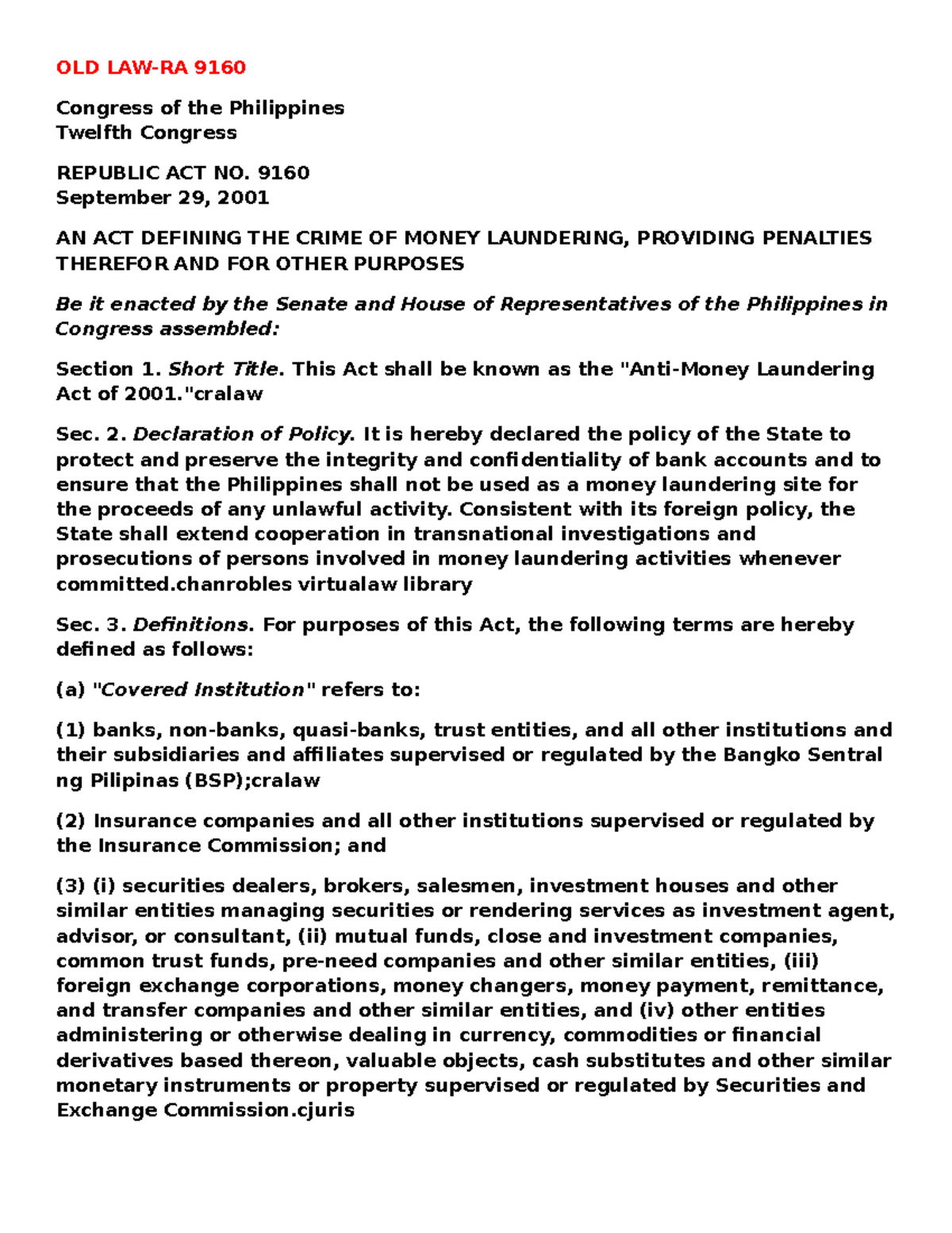 1-AMLA-RA 9160 WITH 3 Amendatory LAWS - OLD LAW-RA 9160 Congress of the ...