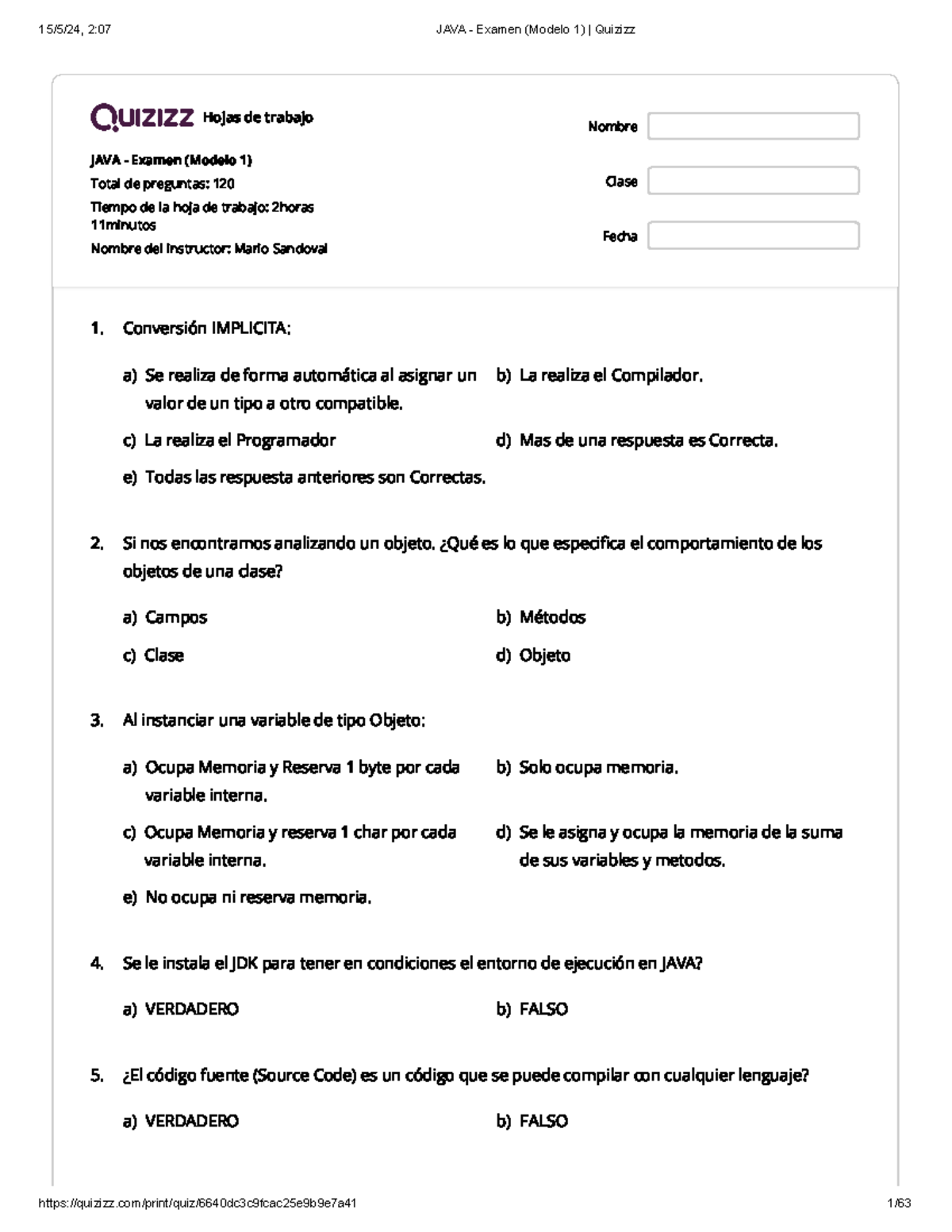 JAVA - Examen (Modelo 1) Programacion Basica 1 Quizizz - Hojas de trabajo JAVA - Examen (Modelo ...