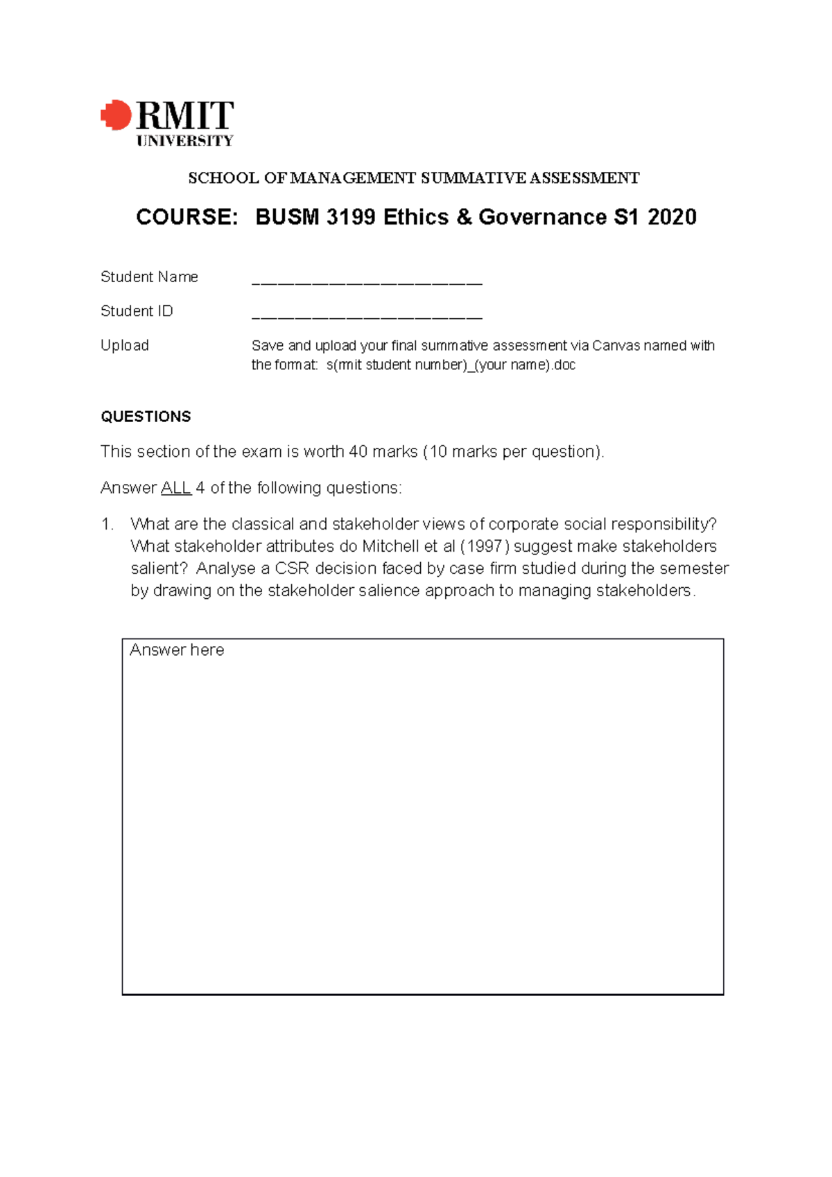BUSM 3199 SUMMATIVE EXAM 2020 - SCHOOL OF MANAGEMENT SUMMATIVE ASSESSMENT COURSE: BUSM 3199 ...