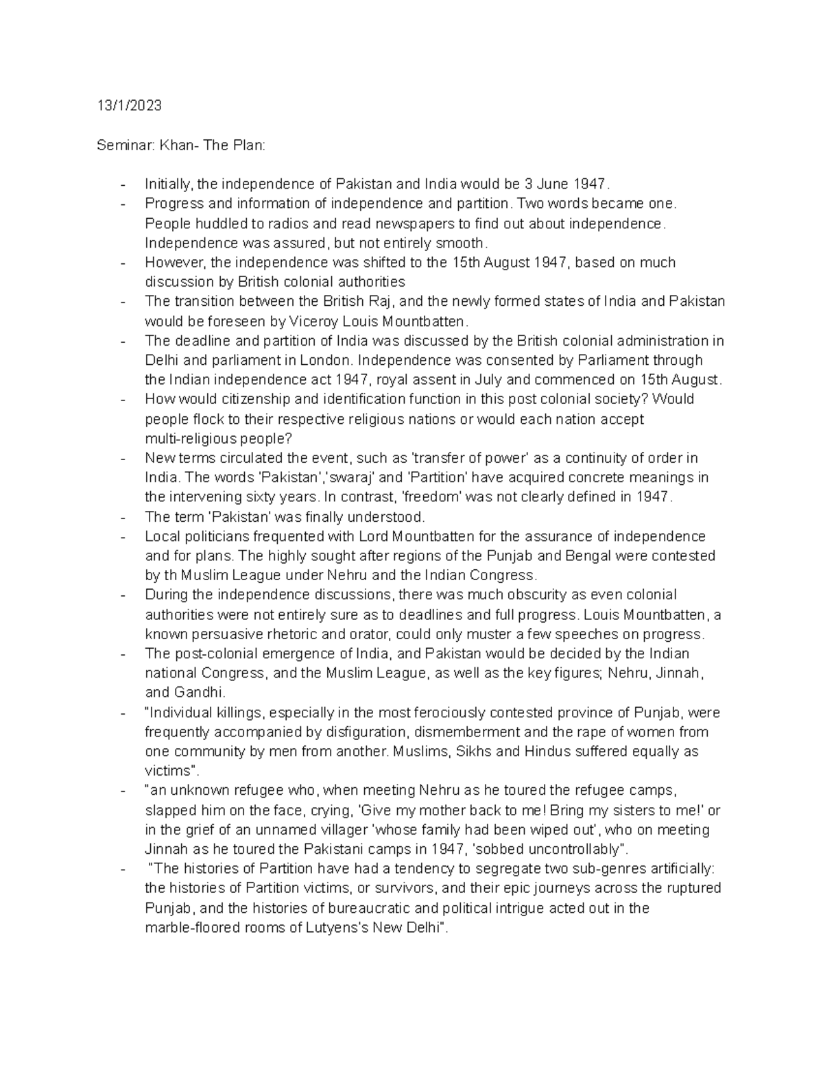 Week 1 Seminar work - 13/1/ Seminar: Khan- The Plan: Initially, the ...