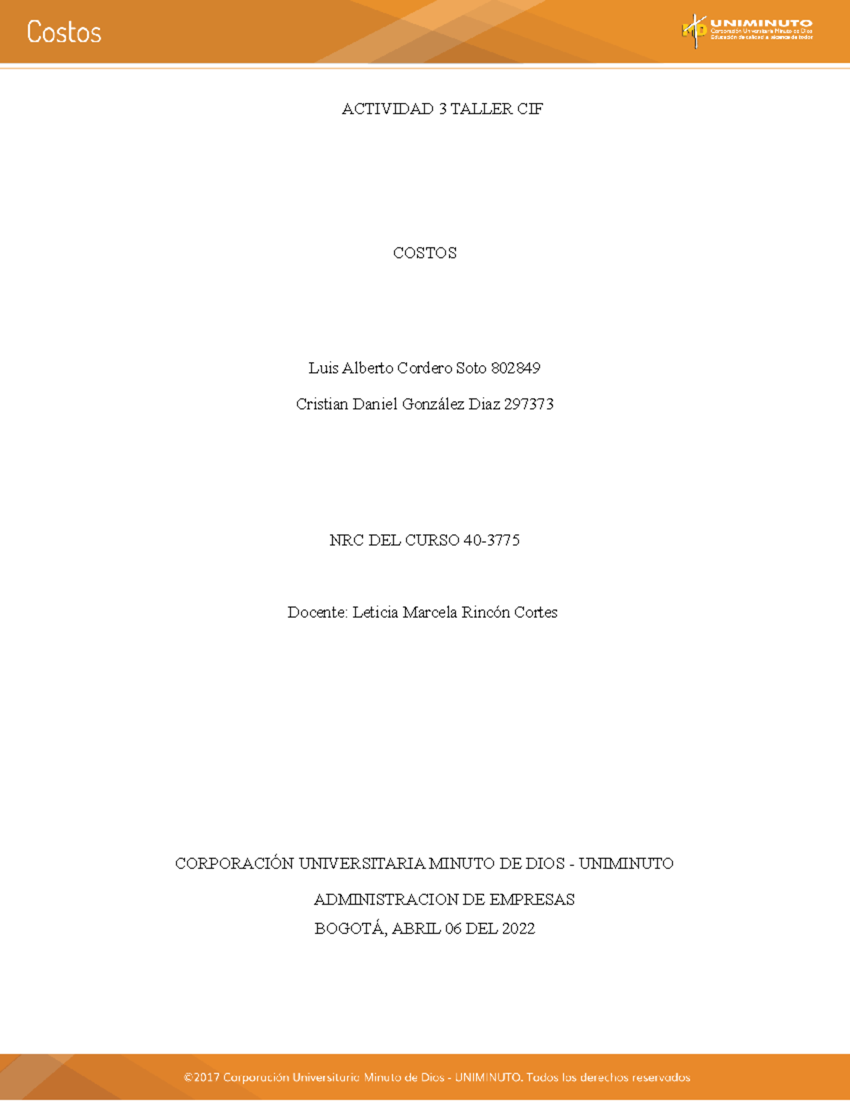 Actividad 3 Costos Terminada. Actividad 3 Costos Terminada. - ACTIVIDAD ...