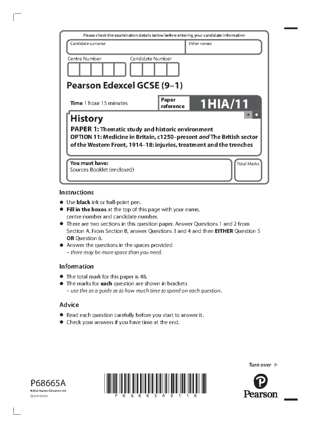 Edexcel GCSE History June 2022 P1 Op 11 QP - Centre Number Candidate ...