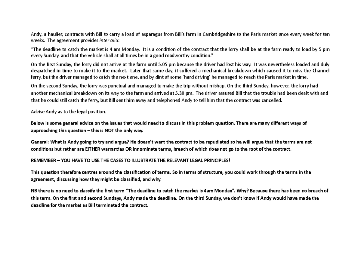 Classification of Contractual Terms Problem Question (Outline) - Andy, a haulier, contracts with ...