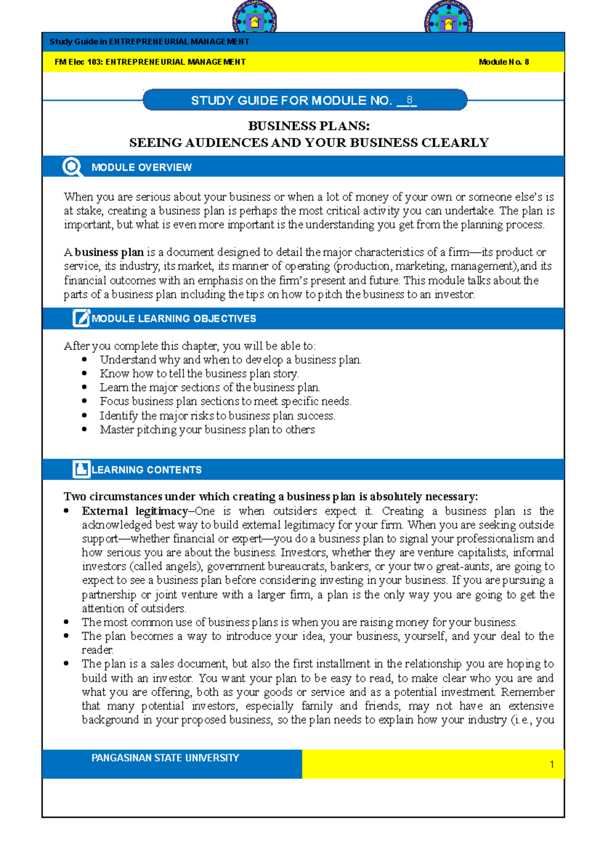 Study Guide 8 Entrep Management - 8 BUSINESS PLANS: SEEING AUDIENCES ...