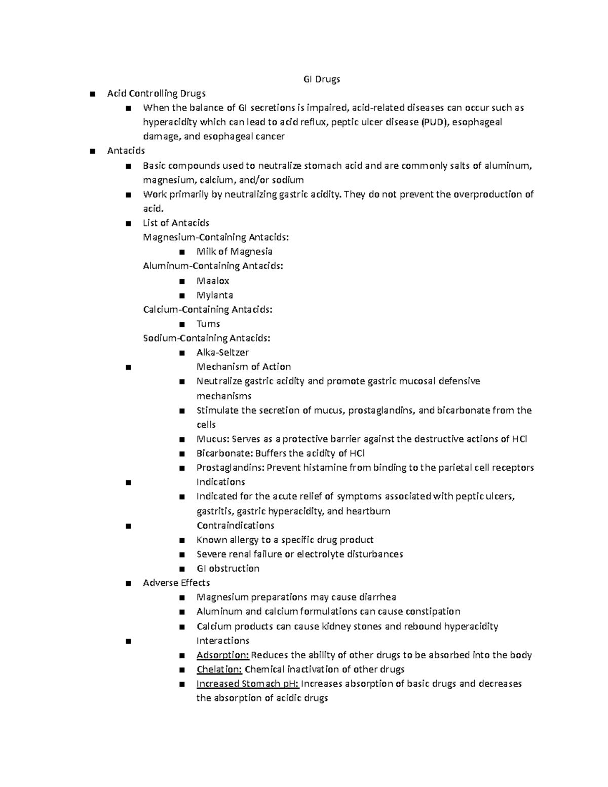 GI Drugs hand out - Antacids, H2 Receptor Antagonist, Pantoprazole ...