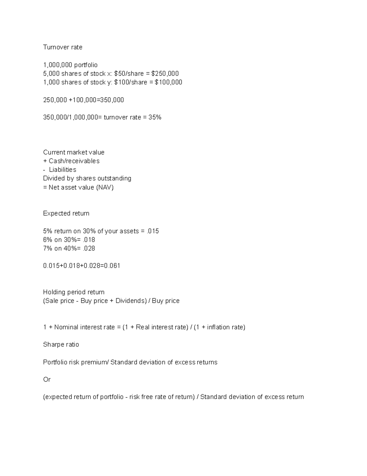 Investments class - ,,,,,,,, - Turnover rate 1,000,000 portfolio 5,000 ...