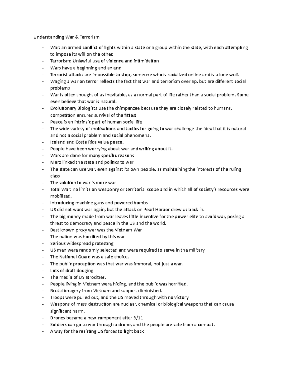 Document 63 - chapter 9 notes - Understanding War & Terrorism War: an ...