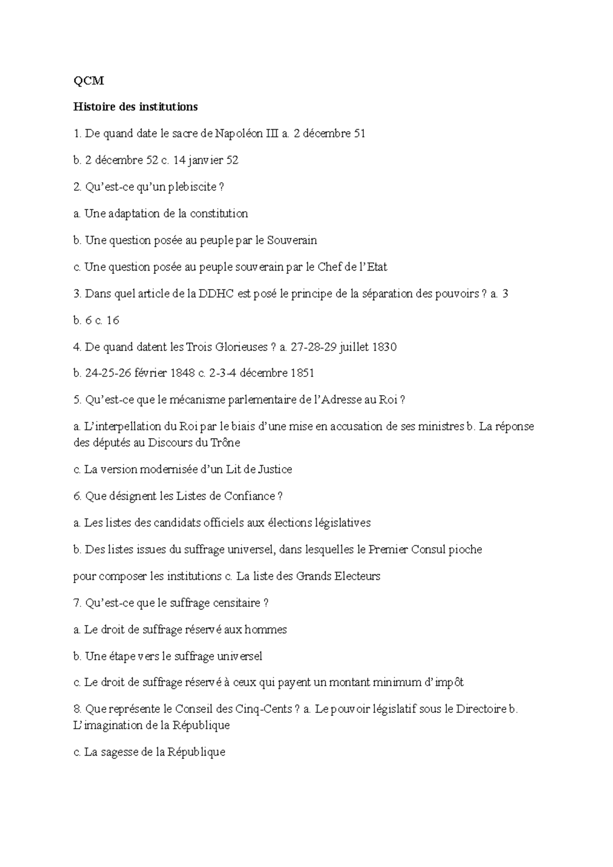 QCM de histoire - QCM Histoire des institutions De quand date le sacre de Napoléon III a. 2 ...