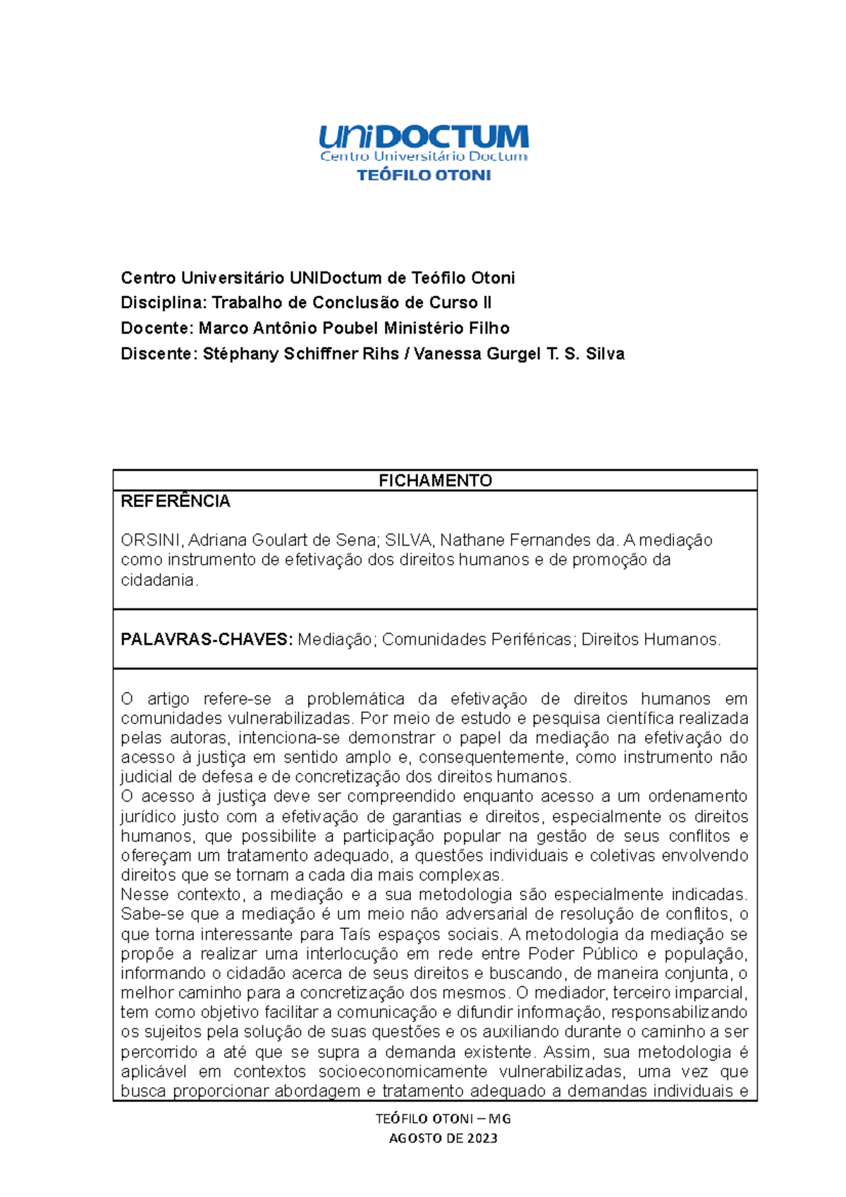 Fichamento 1 TCC II - trabalho - Centro Universitário UNIDoctum de ...