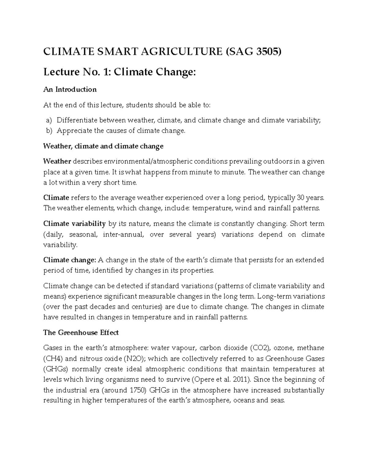 CSA Lecture Notes - CLIMATE SMART AGRICULTURE (SAG 3505) Lecture No. 1 ...