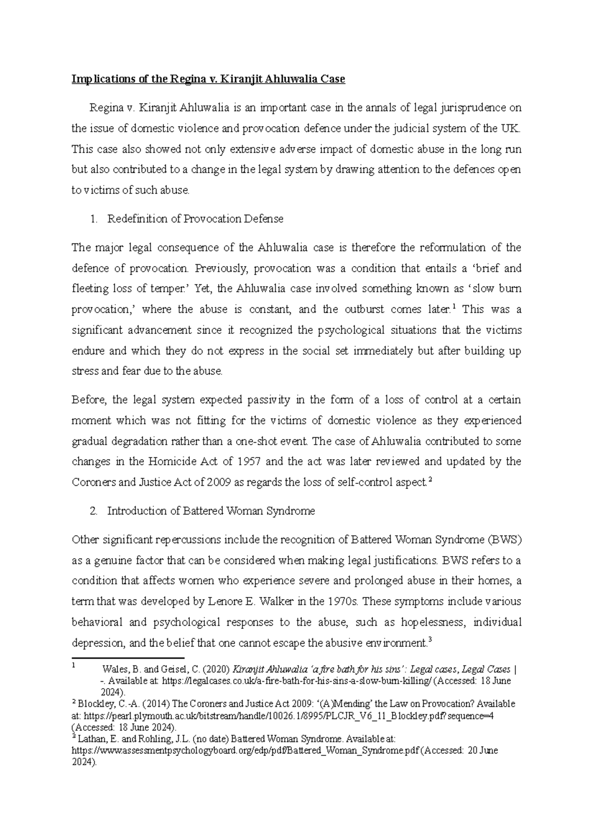 Implications of the Regina v Ahluwalia - Implications of the Regina v ...