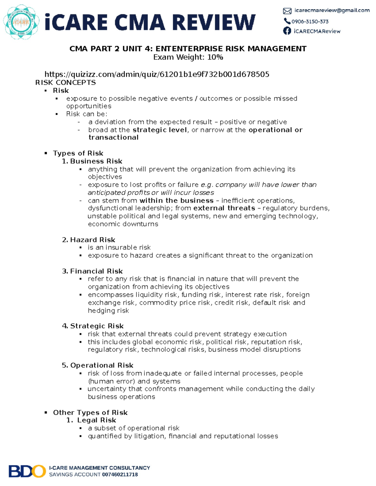 ERM Modules - CMA PART 2 UNIT 4: ENTENTERPRISE RISK MANAGEMENT Exam ...