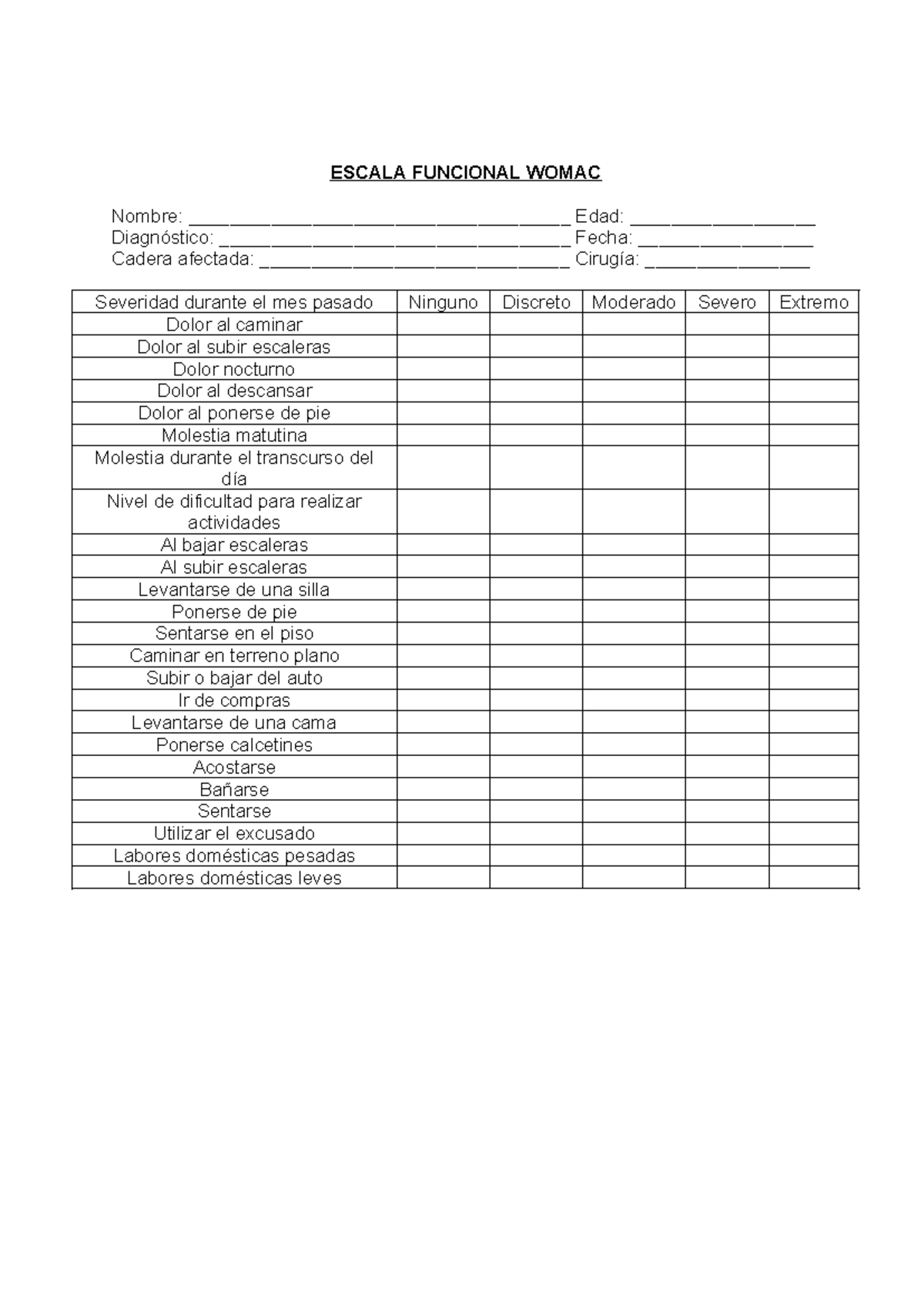 Escala Funcional Womac - ESCALA FUNCIONAL WOMAC Nombre