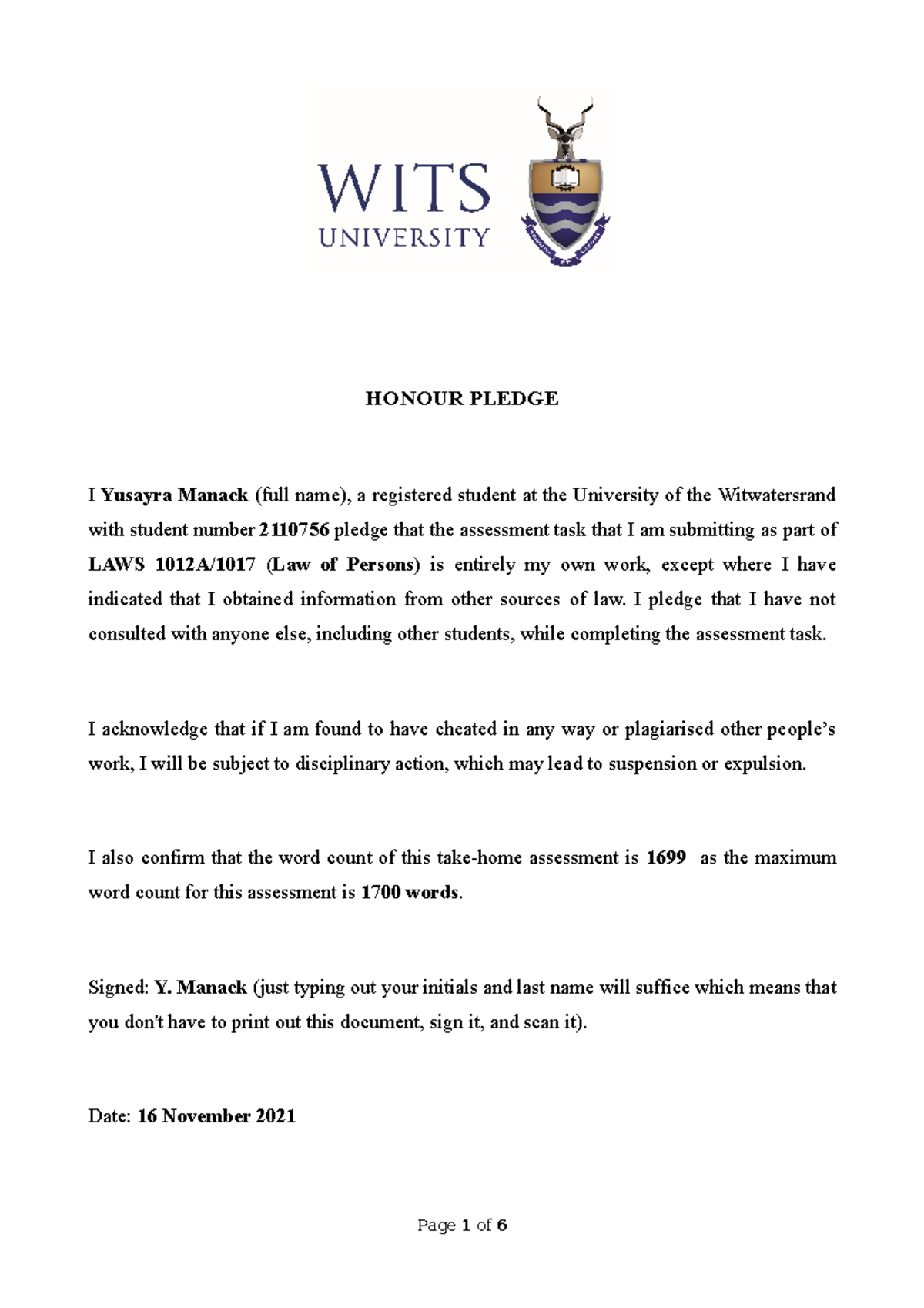 Y Manack (2110756) - Take Home Assessment Honour Pledge and Answer ...