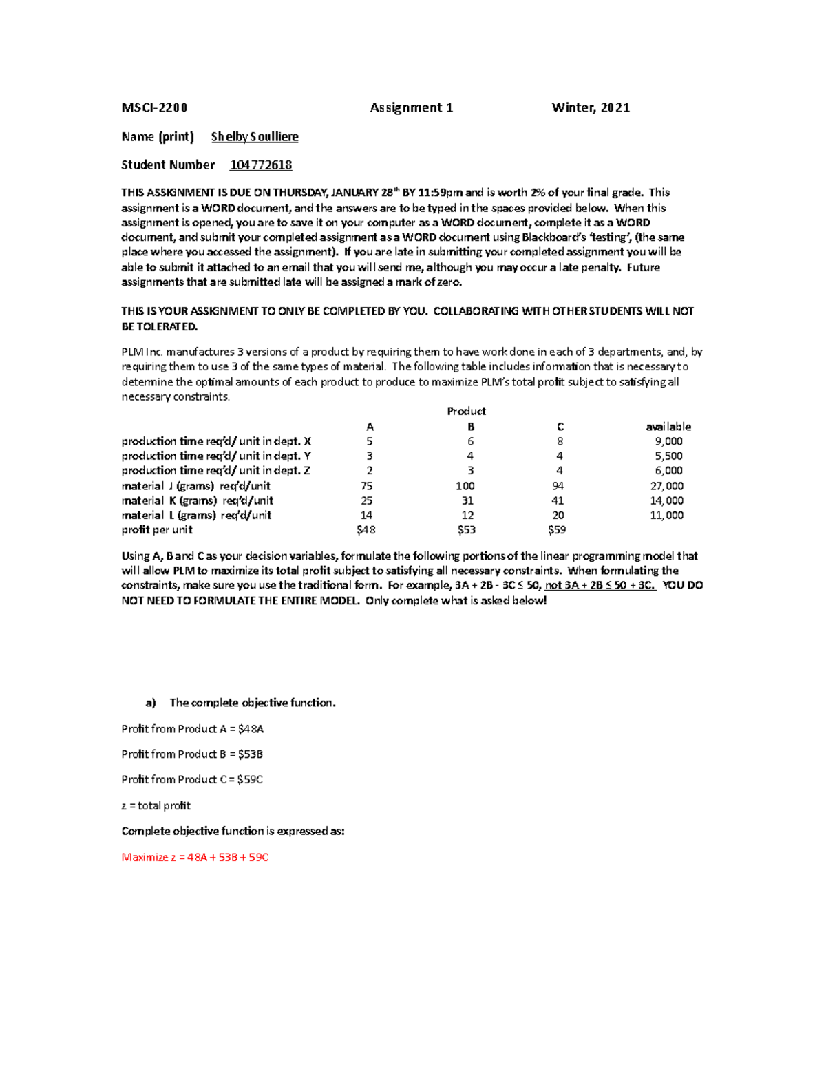 quantitative decision models 2200 assignment 1 - MSCI-2200 Assignment 1 Winter, 2021 Name (print ...