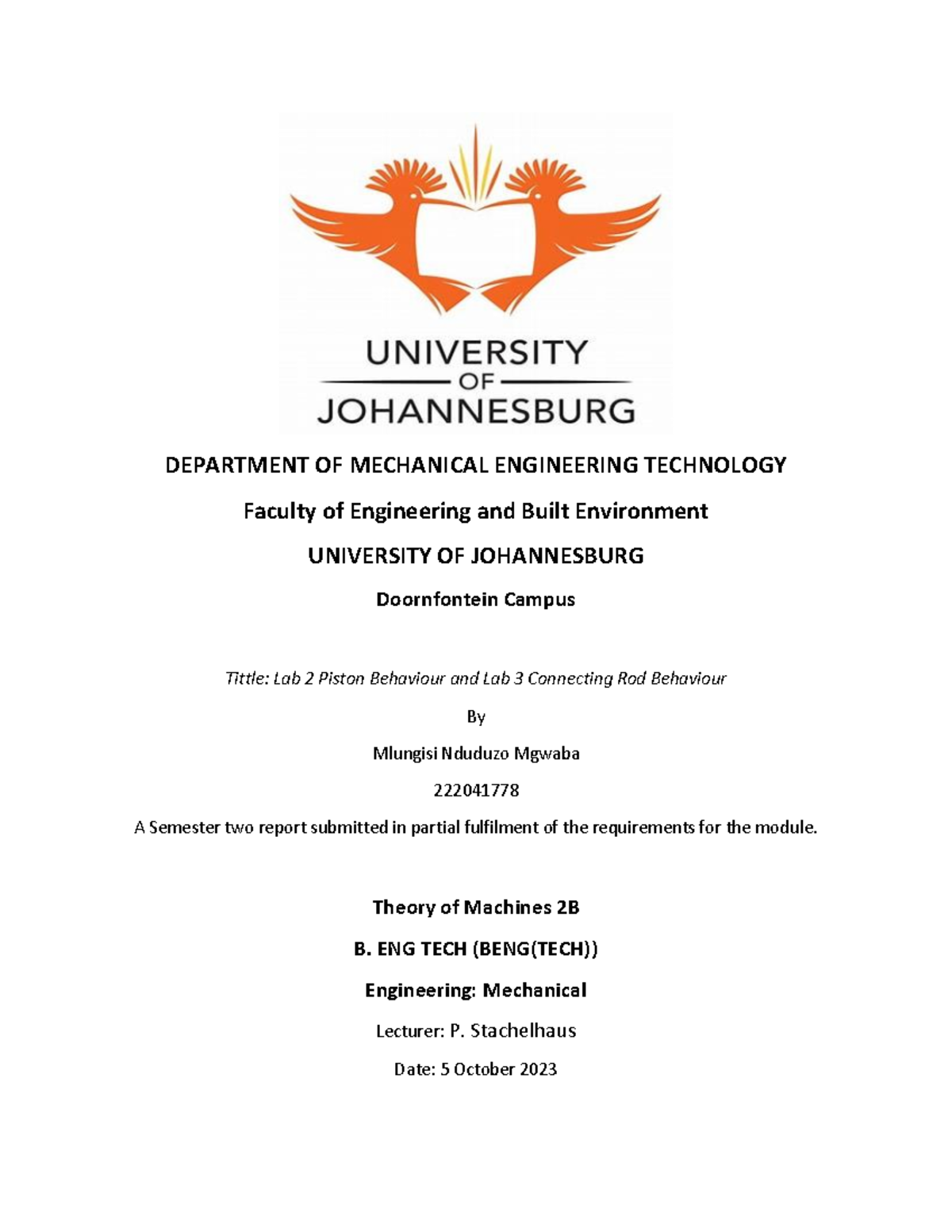 MN Mgwaba Lab 2 and 3 Theory Of Machines - DEPARTMENT OF MECHANICAL ...