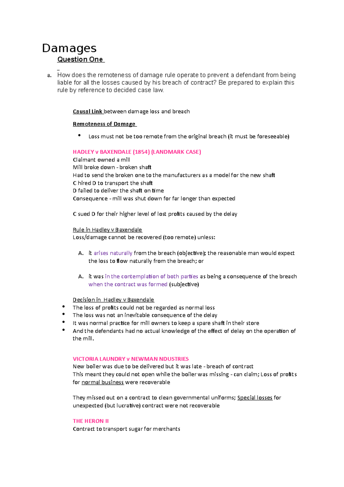 Damages Seminar 14 - Damages Question One a. How does the remoteness of ...