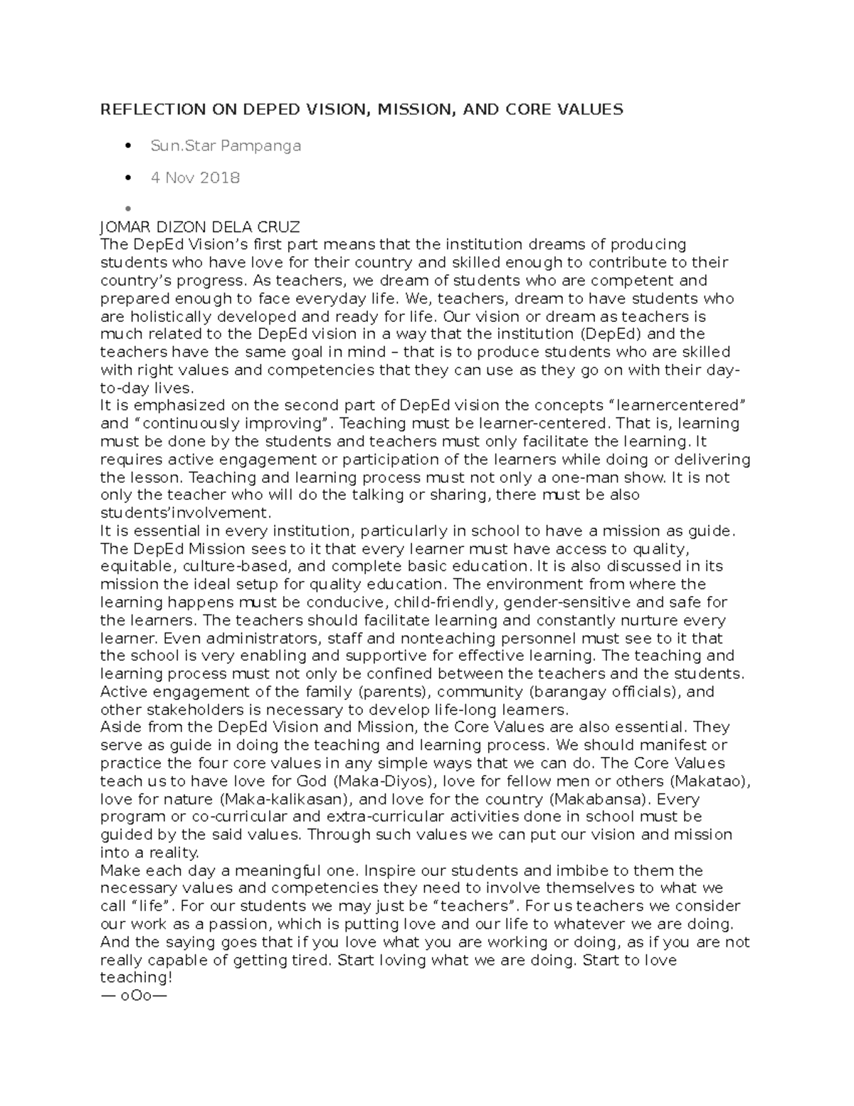 Reflection ON Deped Vision - REFLECTION ON DEPED VISION, MISSION, AND ...