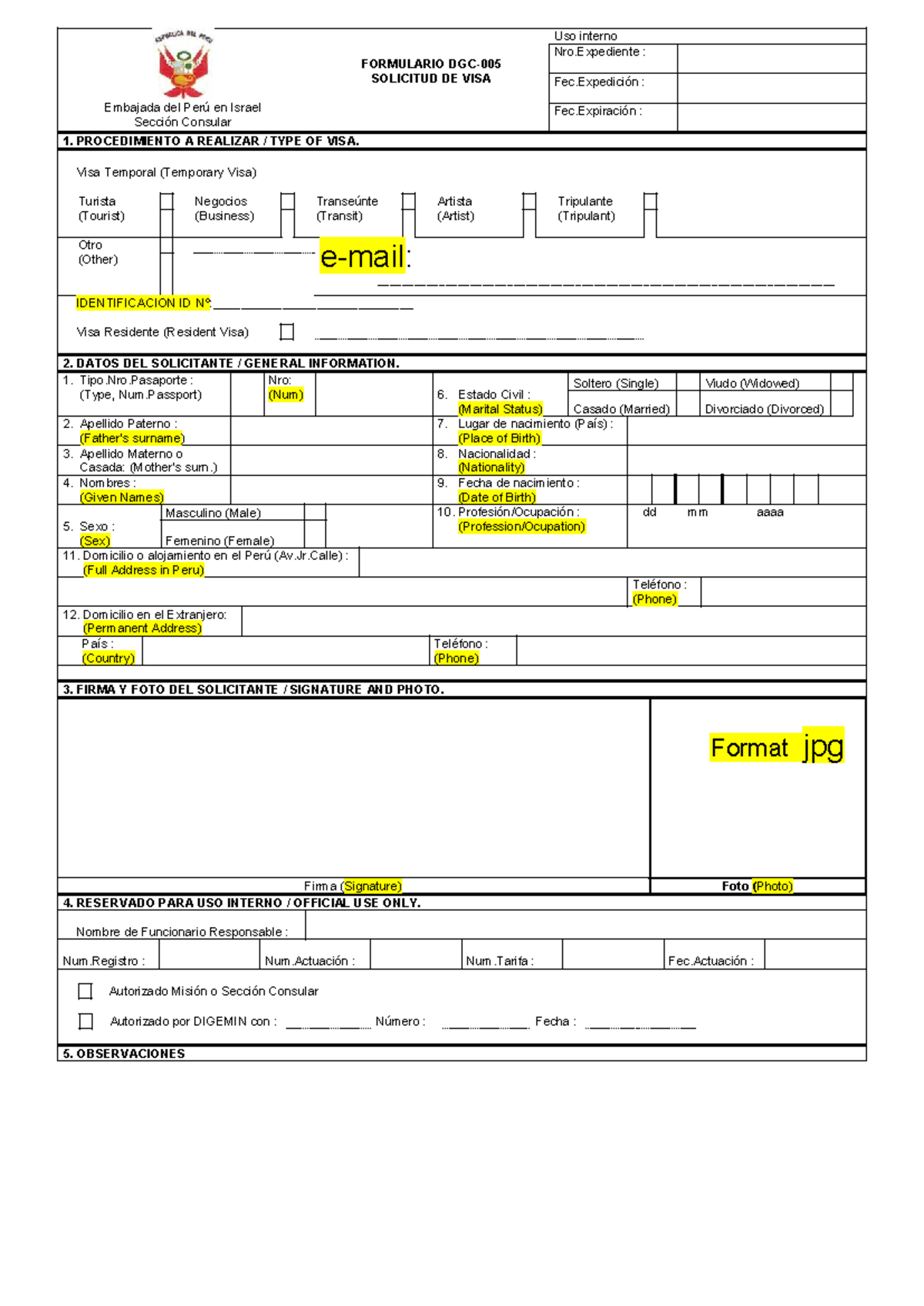 Ficha de Visa - Visa - Embajada del Perú en Israel Sección Consular ...