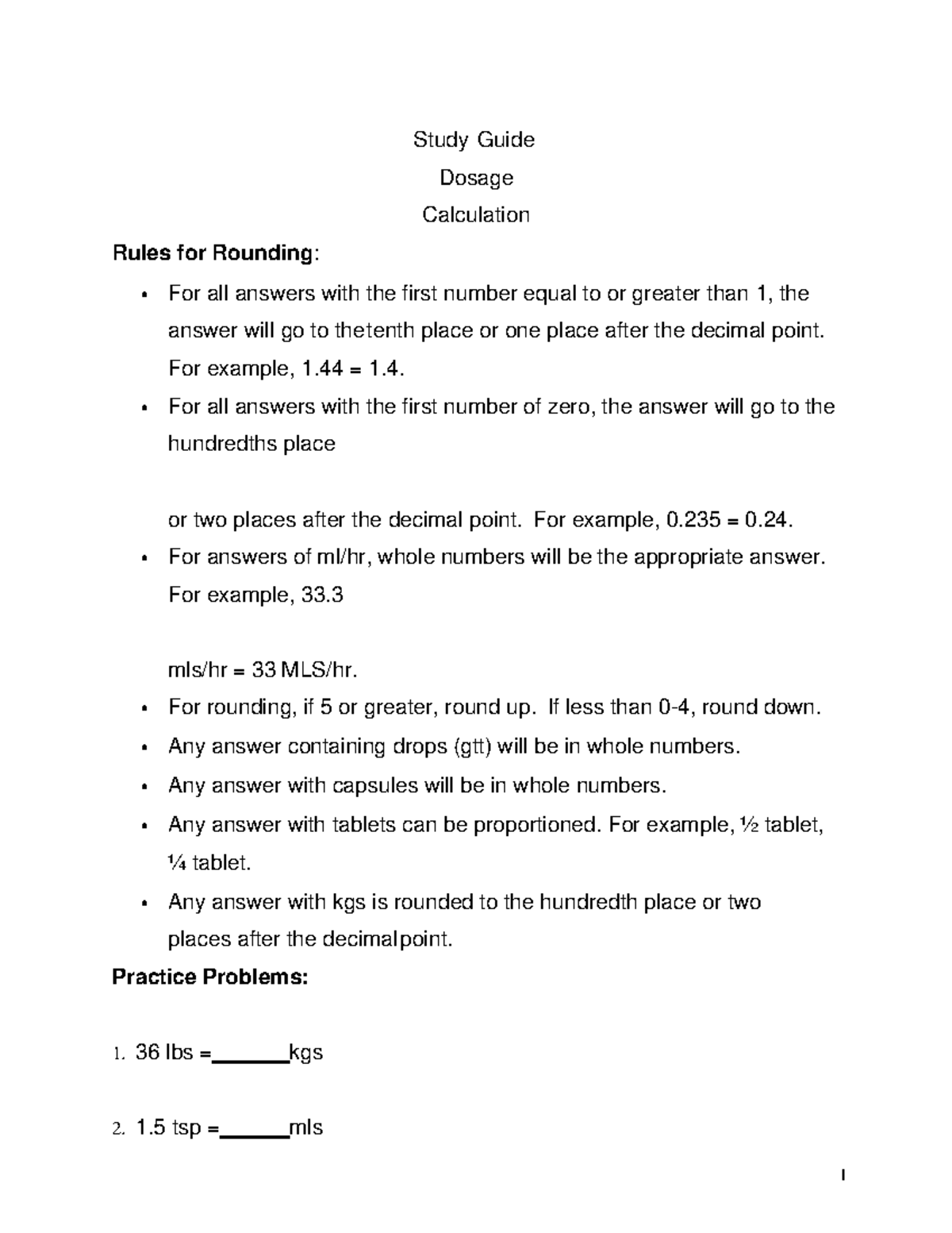 Dosage Calculation Study Guide NUR2243C Fall 2022 - Study Guide Dosage ...