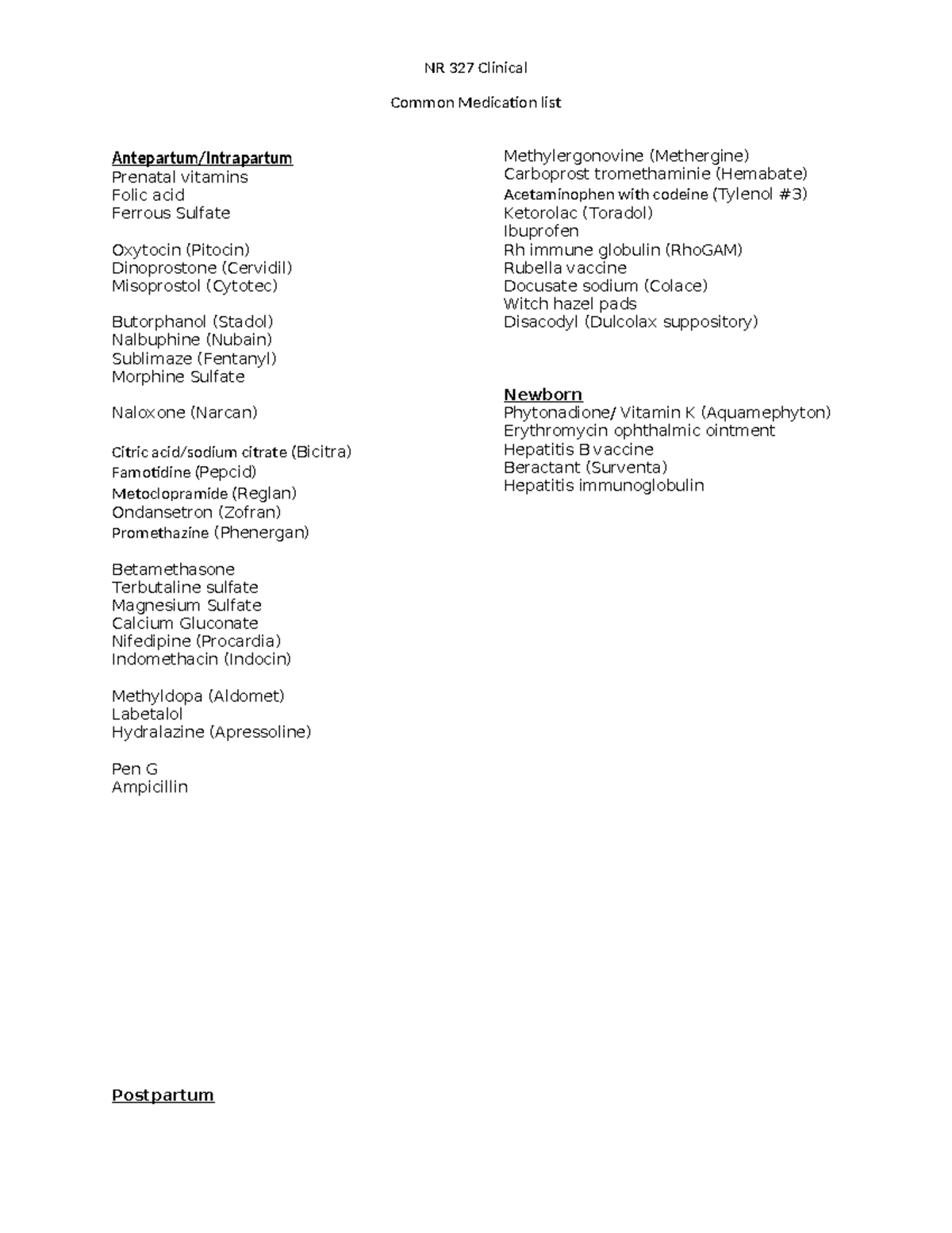 common meds list for maternity and newborn - NR 327 Clinical Common ...