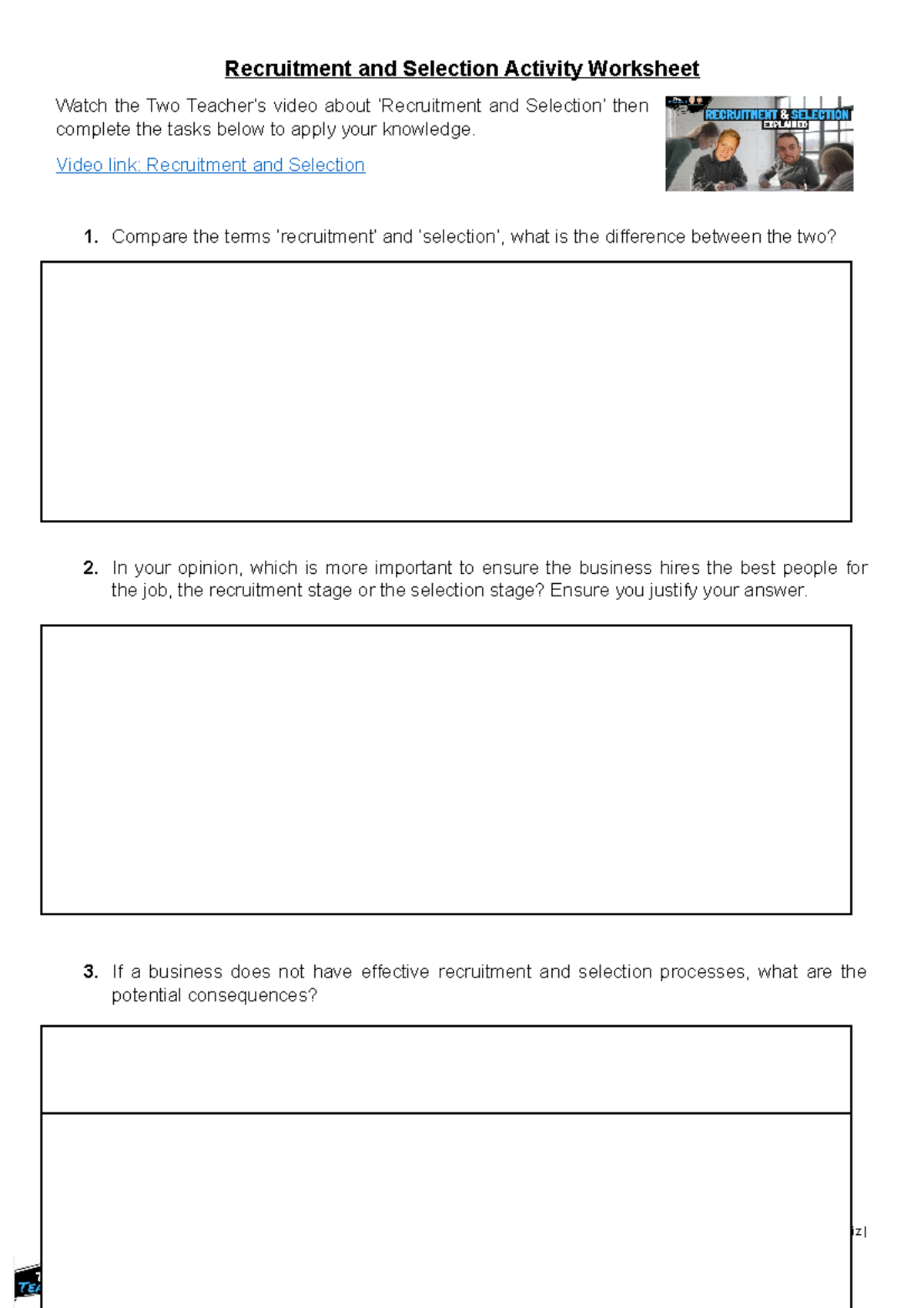 Recruitment and Selection Activity Worksheet - Video link: Recruitment ...