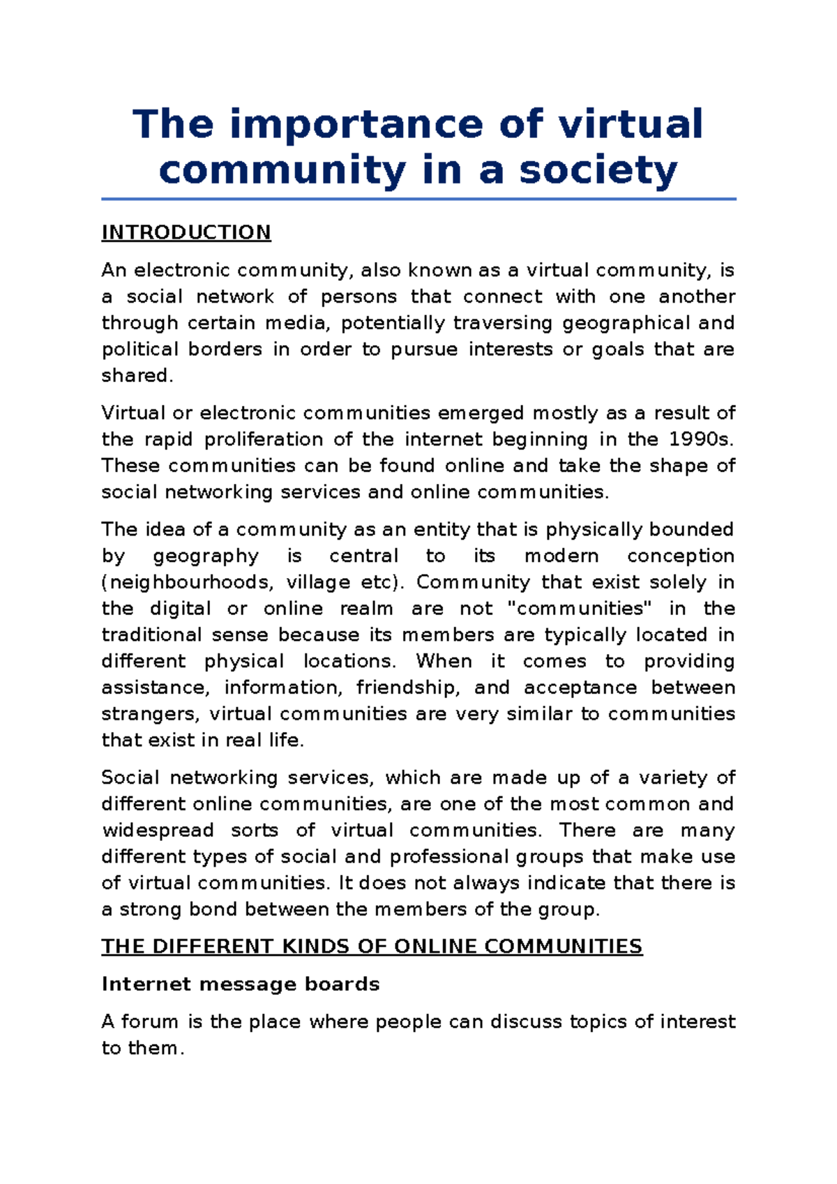 The importance of virtual community in a society - The importance of ...