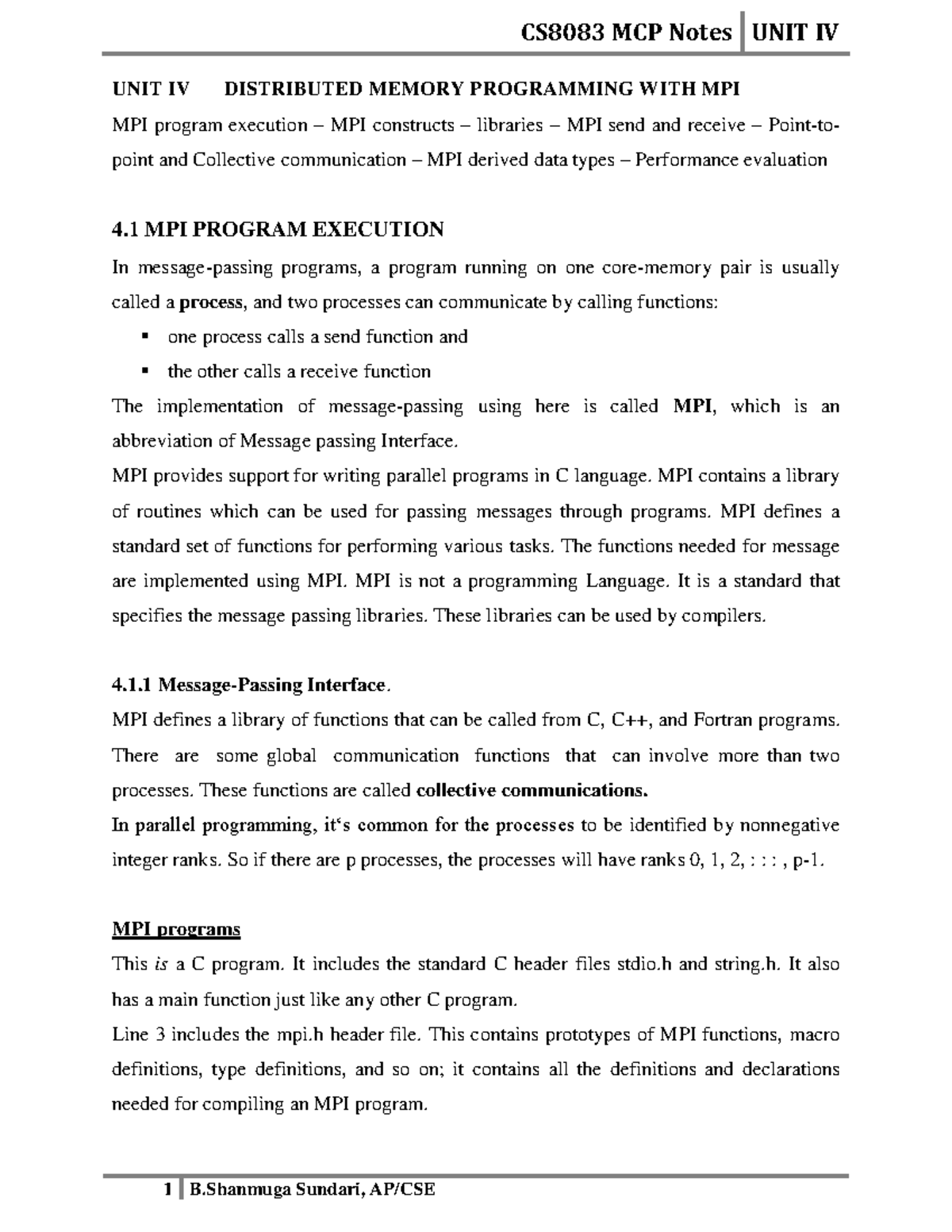 CS8083 UNIT IV Notes - nilll - UNIT IV DISTRIBUTED MEMORY PROGRAMMING ...