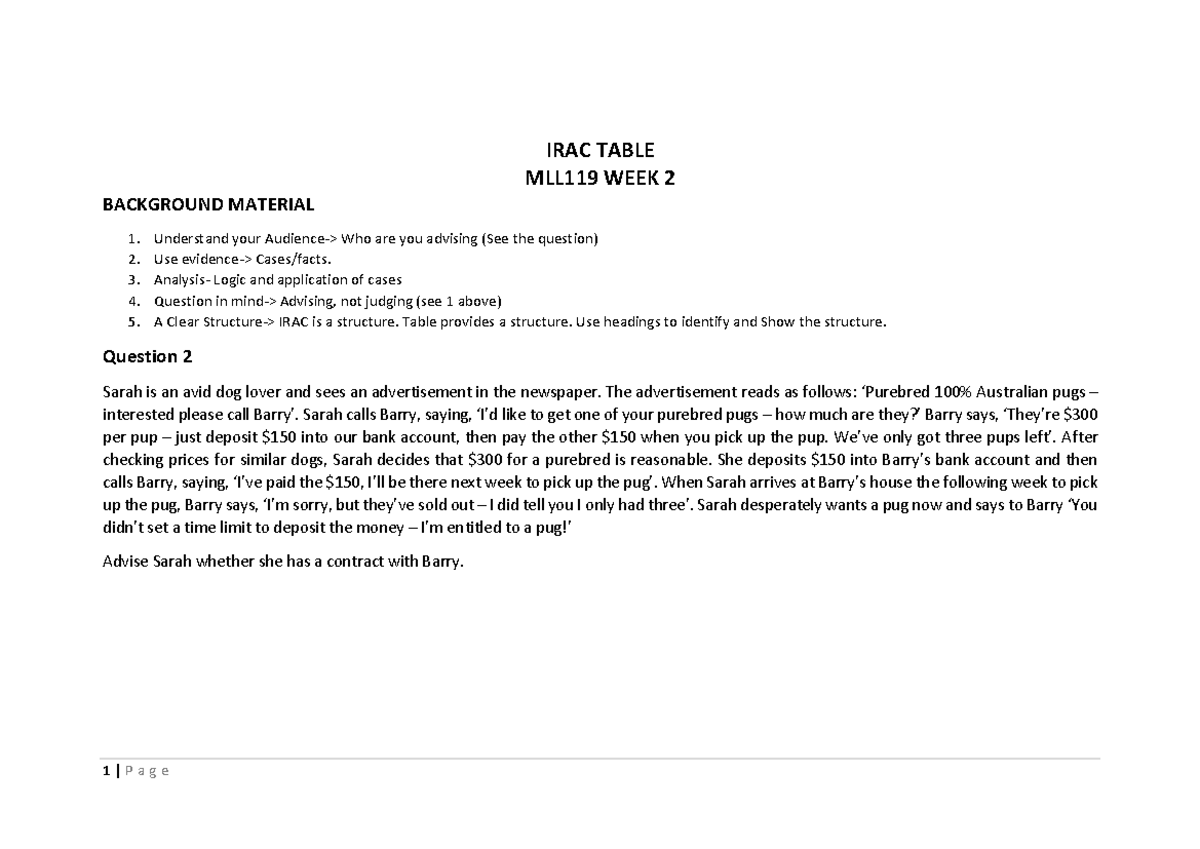 Week 1 sem 3 - Week 1 notes - IRAC TABLE MLL119 WEEK 2 BACKGROUND ...
