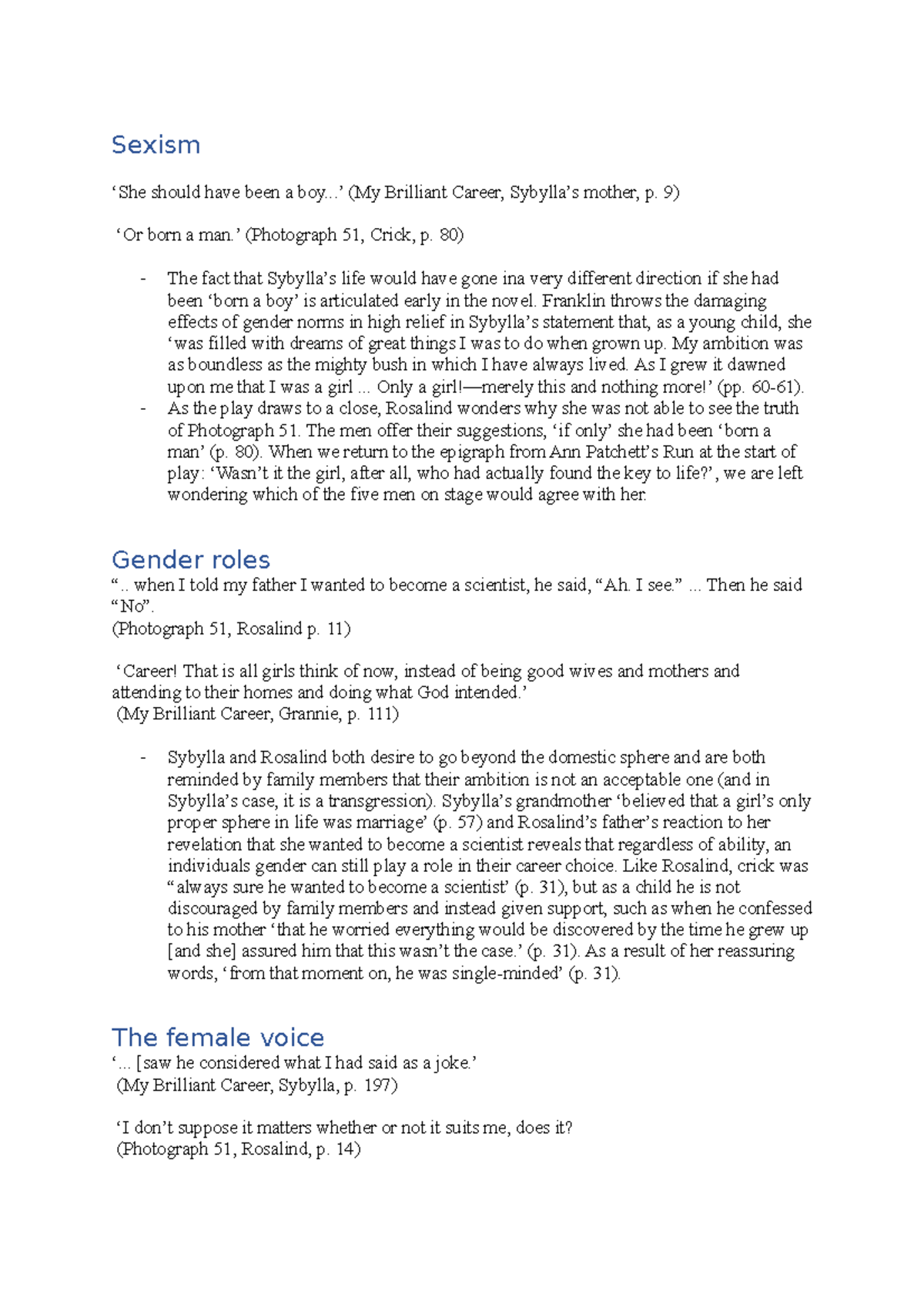 Themes and quotes for my brilliant career and photograph 51 - Sexism ...