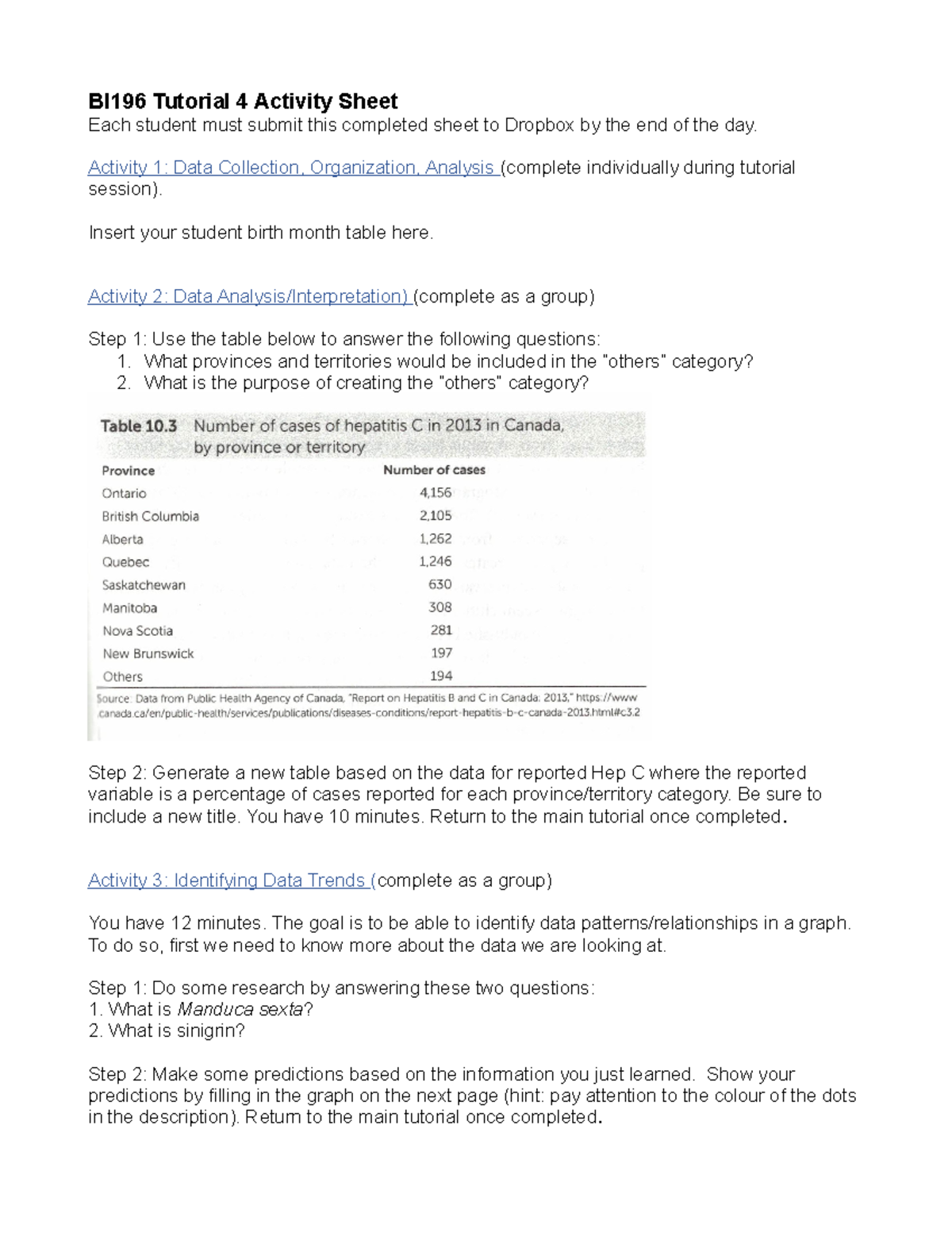 Tutorial 4 Activity Sheet - BI196 Tutorial 4 Activity Sheet Each ...