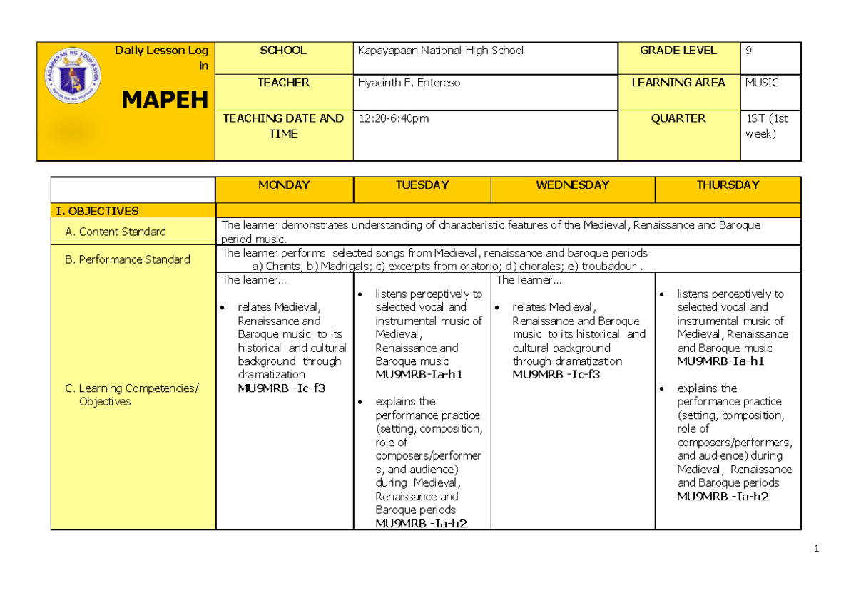 Q1 Grade 9 Music DLL Week 1 - MONDAY TUESDAY WEDNESDAY THURSDAY I ...