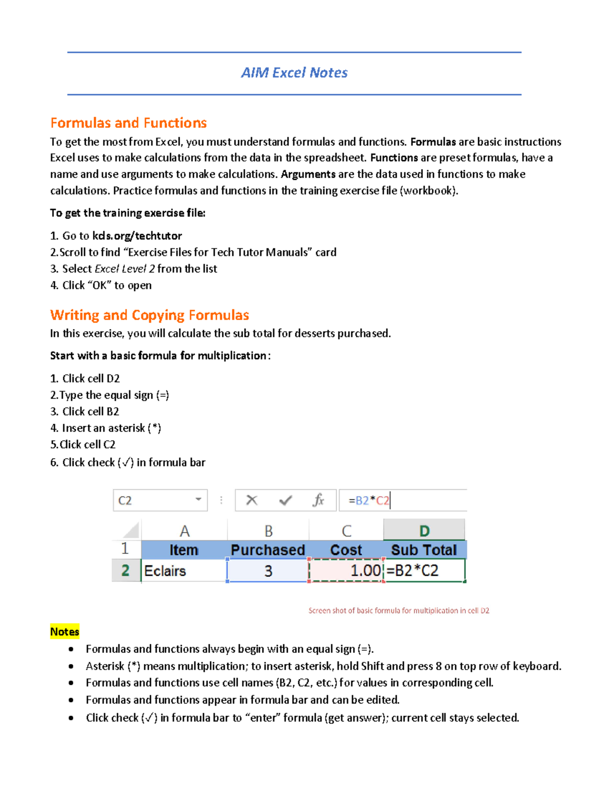 AIM Excel Notes - AIM Excel Notes Formulas and Functions To get the ...