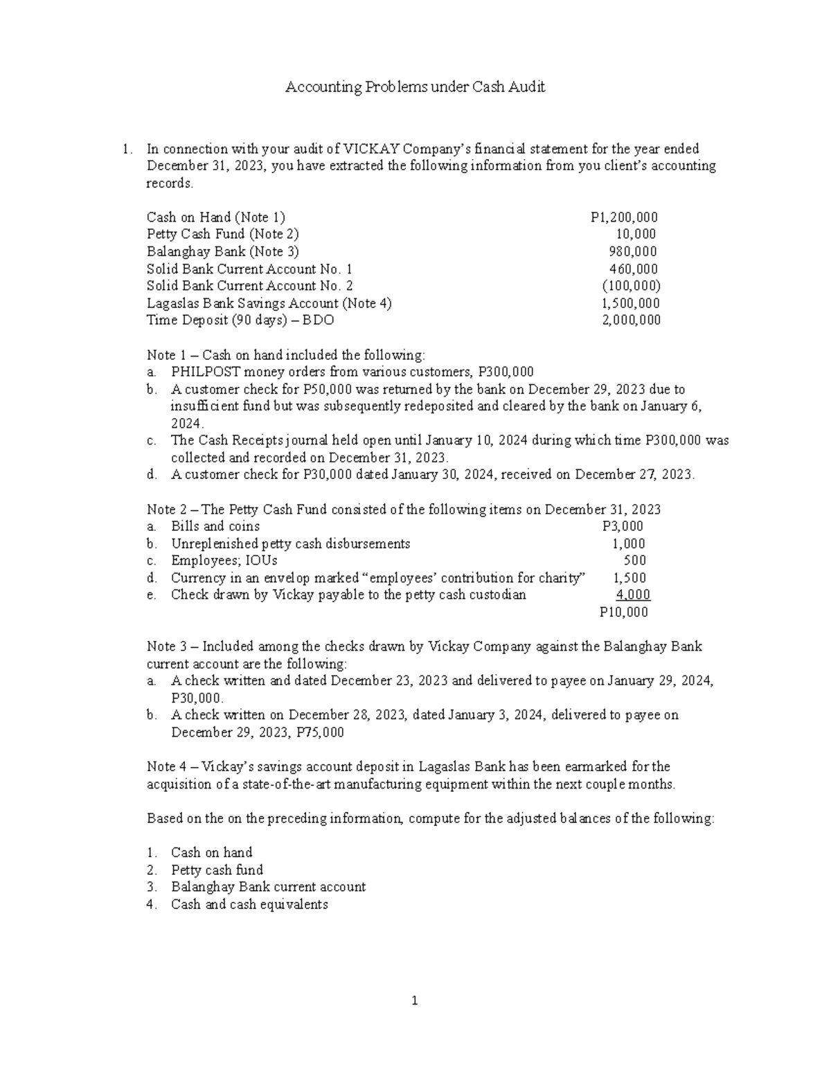 Accounting Problems under Cash Audit - Cash on Hand (Note 1) P1,200 ...