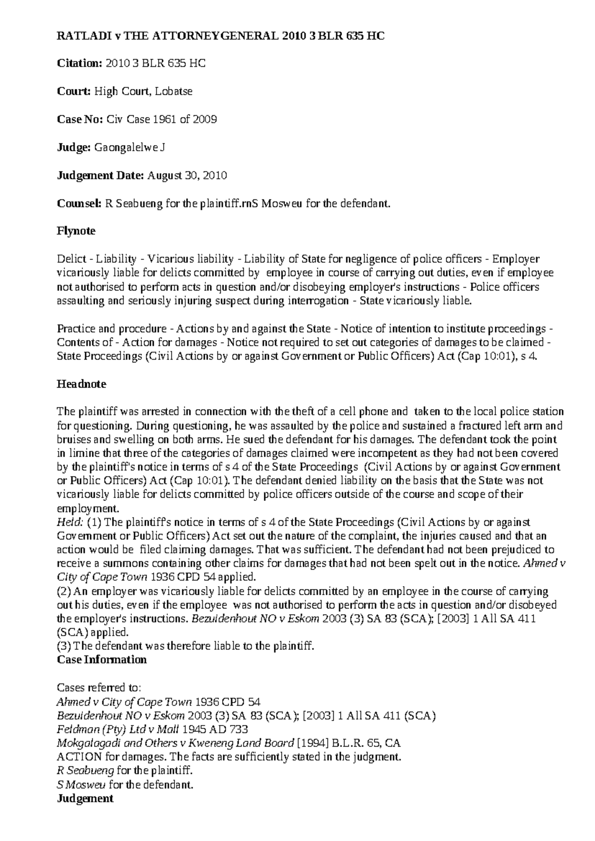 Civ Case 1961 of 2009 - case law - RATLADI v THE ATTORNEYGENERAL 2010 3 ...