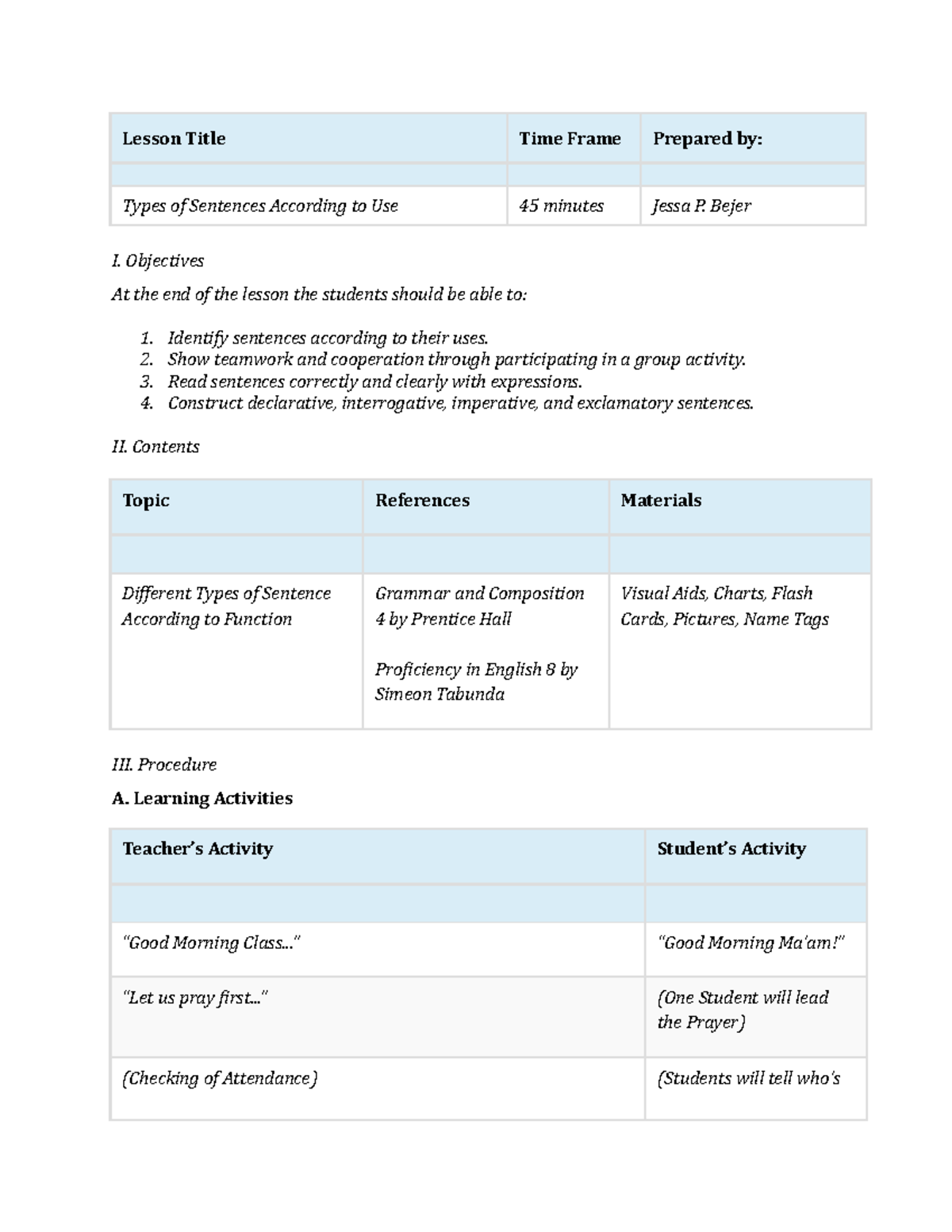 Types of Sentences according to use Prepared by Jessa Bejer - Lesson ...