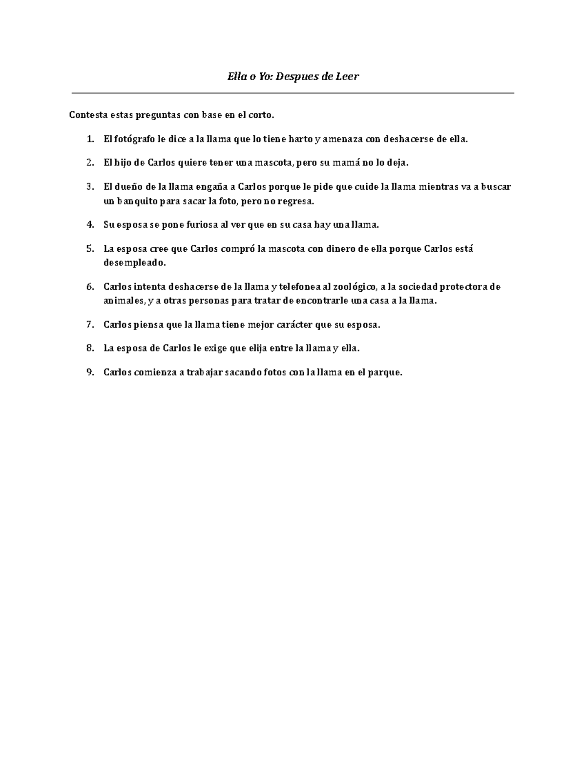 Ella o Yo Despues de Leer - Ella o Yo: Despues de Leer Contesta estas ...