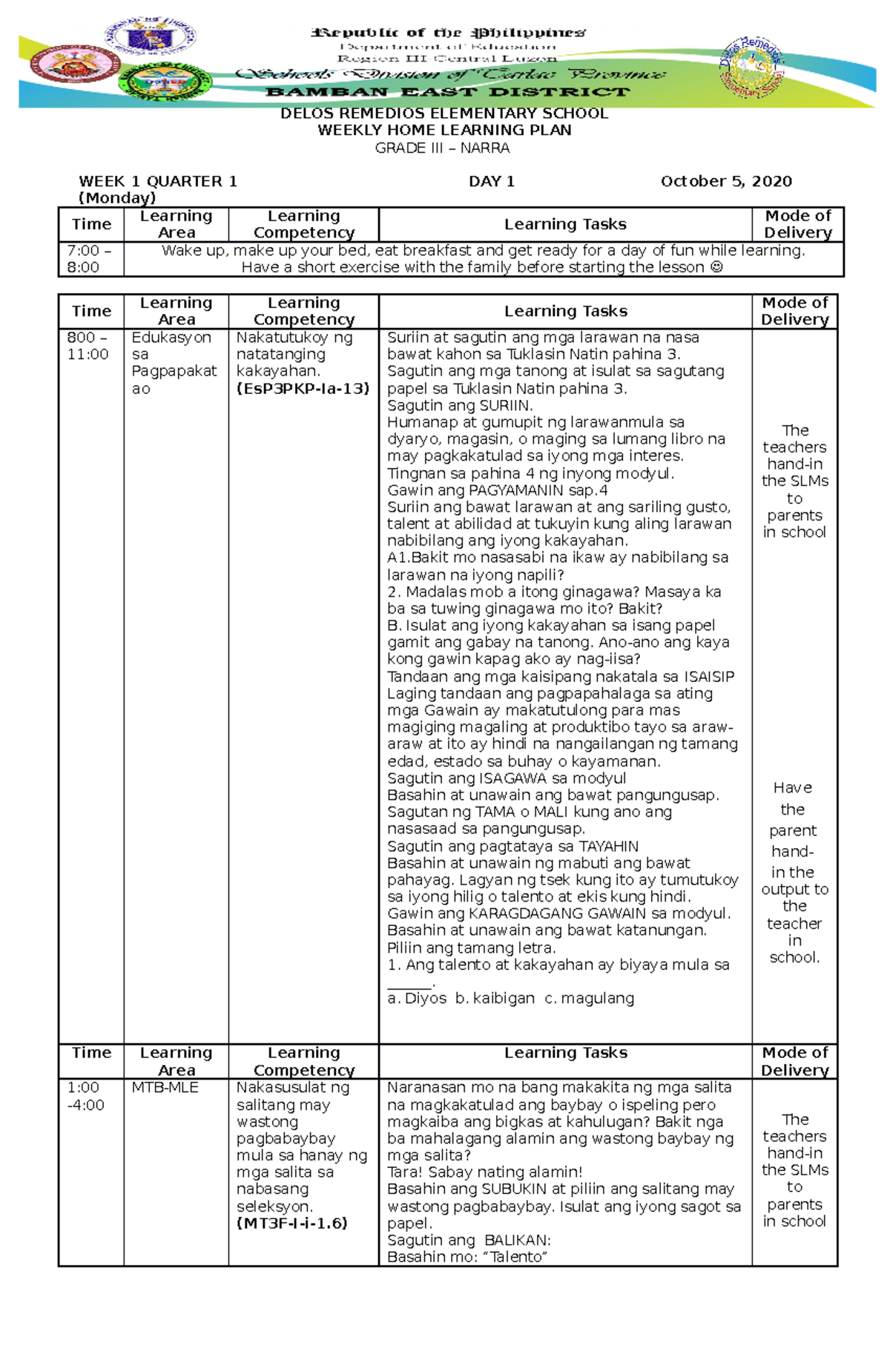 WHLP week 1 Grade 3 - lesson plan - DELOS REMEDIOS ELEMENTARY SCHOOL ...