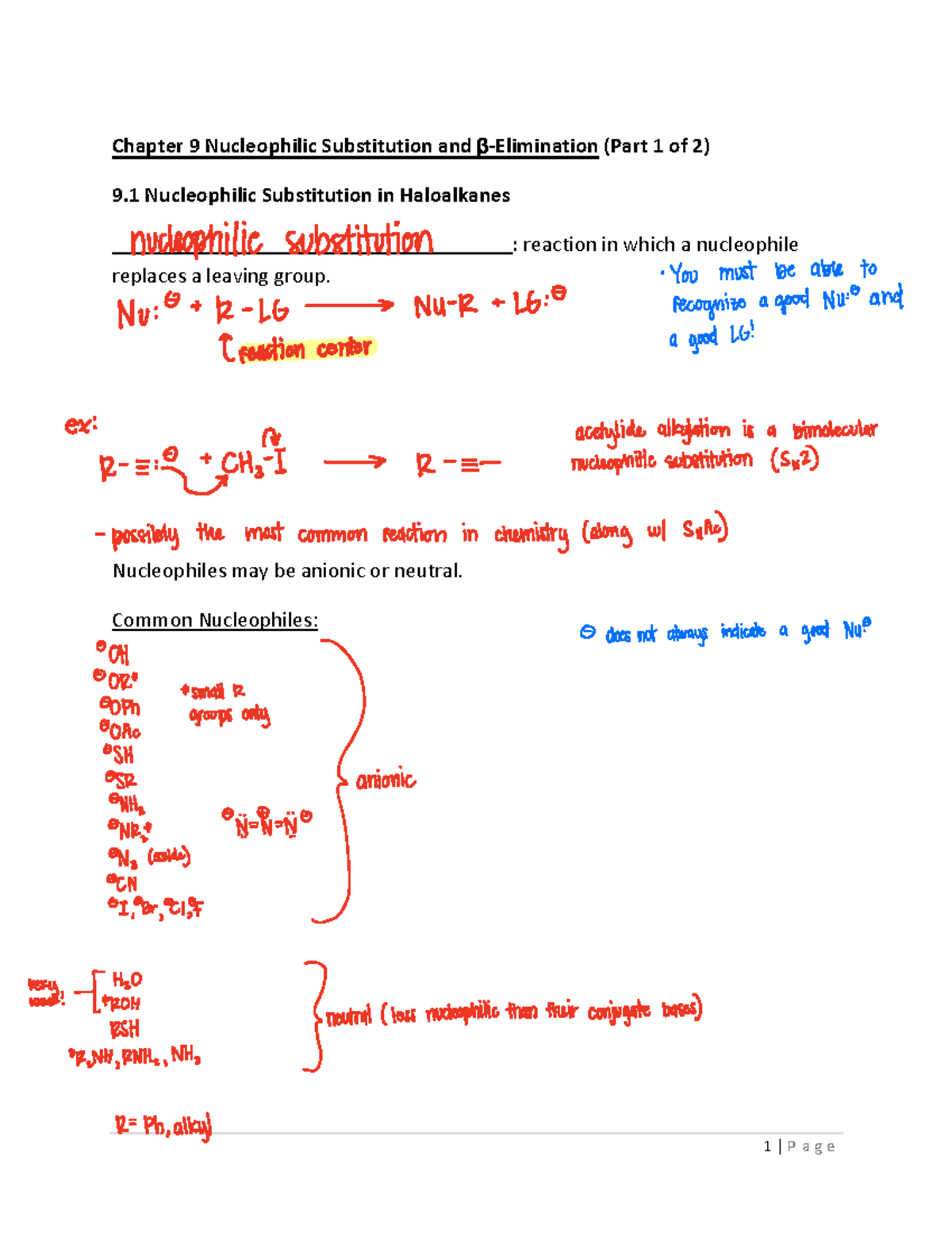 *Partial Notes Ch 9 PART 1 - Chapter 9 Nucleophilic Substitution and β ...