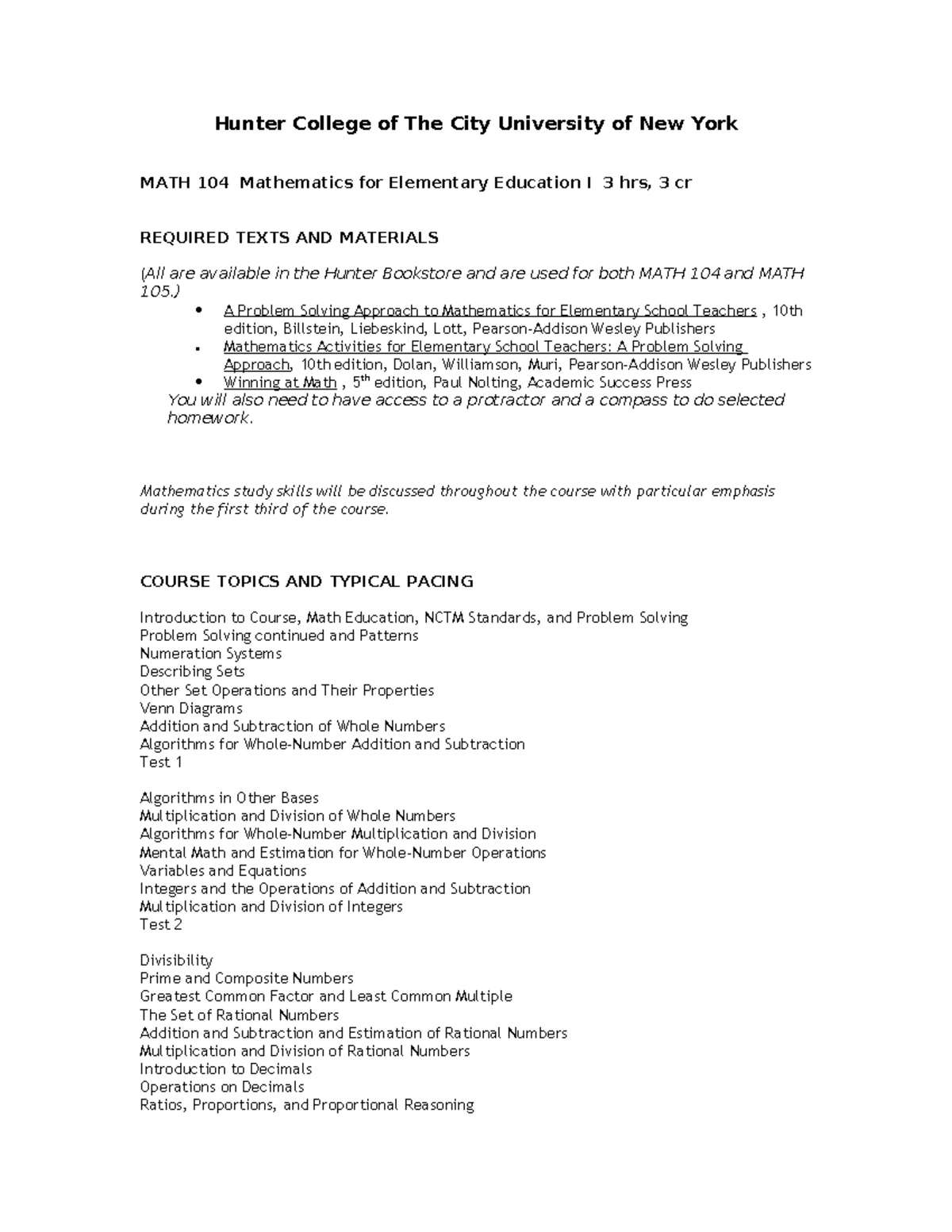 Math104Syllabus - Hunter College of The City University of New York ...