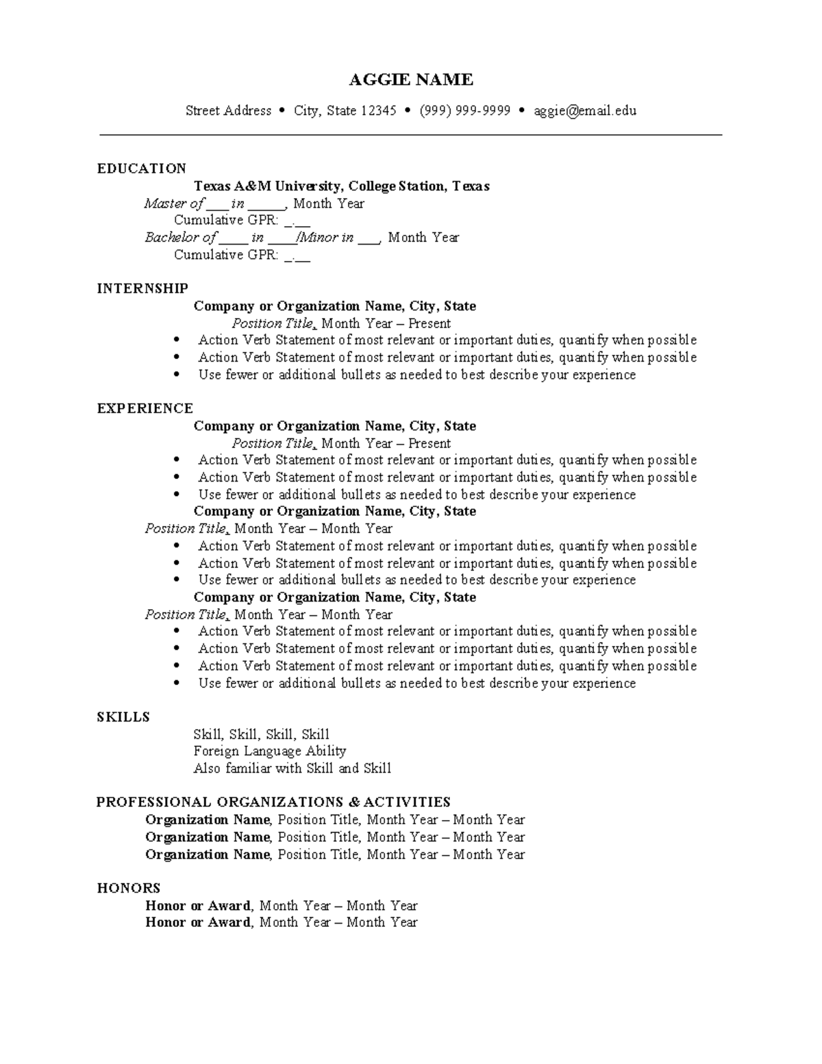Resume Template 4 - AGGIE NAME Street Address City, State 12345 (999 ...