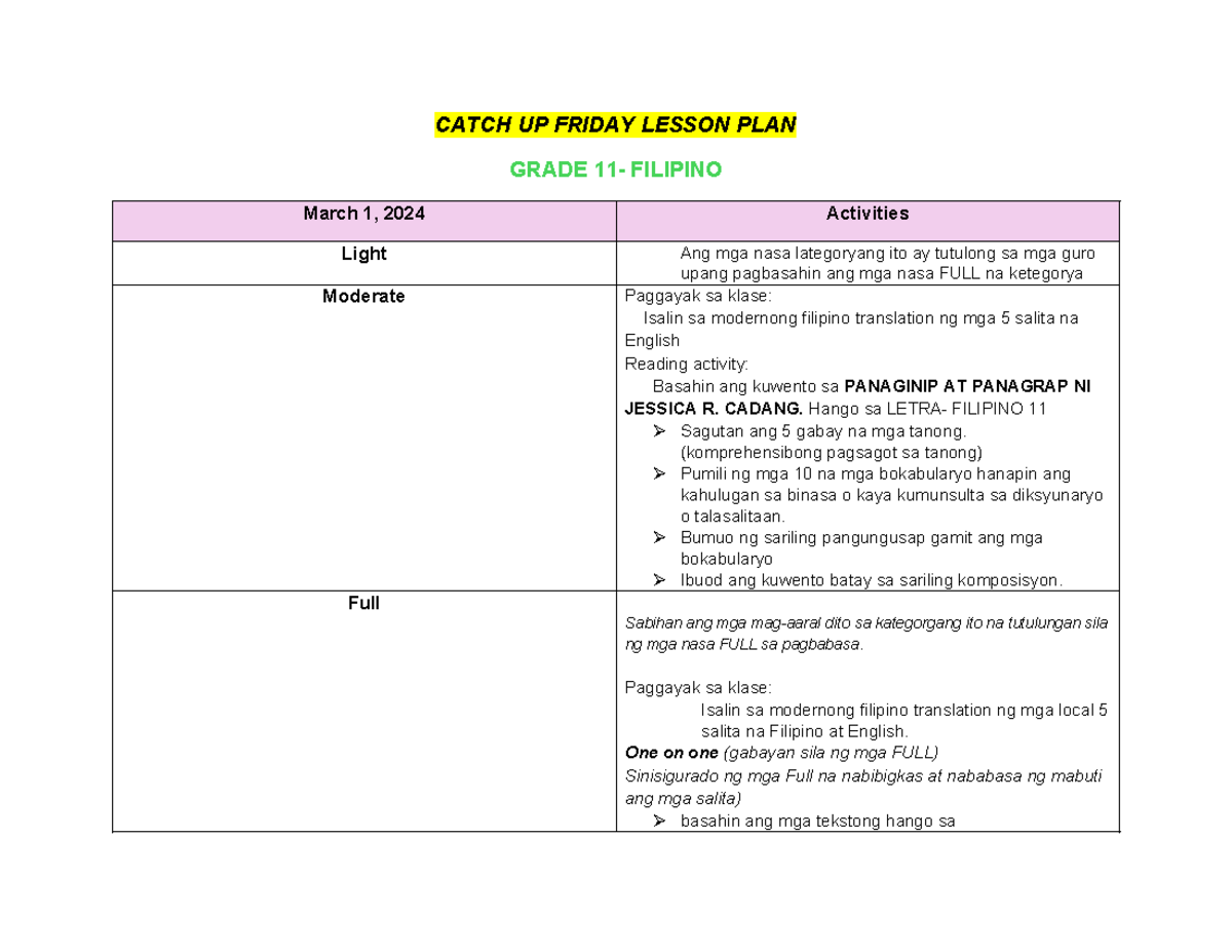 Catch-UP-DLL3 - lesson plan - CATCH UP FRIDAY LESSON PLAN GRADE 11- FILIPINO March 1, 2024 - Studocu