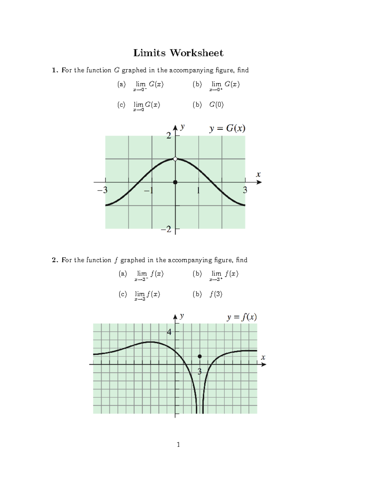 11 - Calculus - Limits Worksheet For the functionGgraphed in the ...