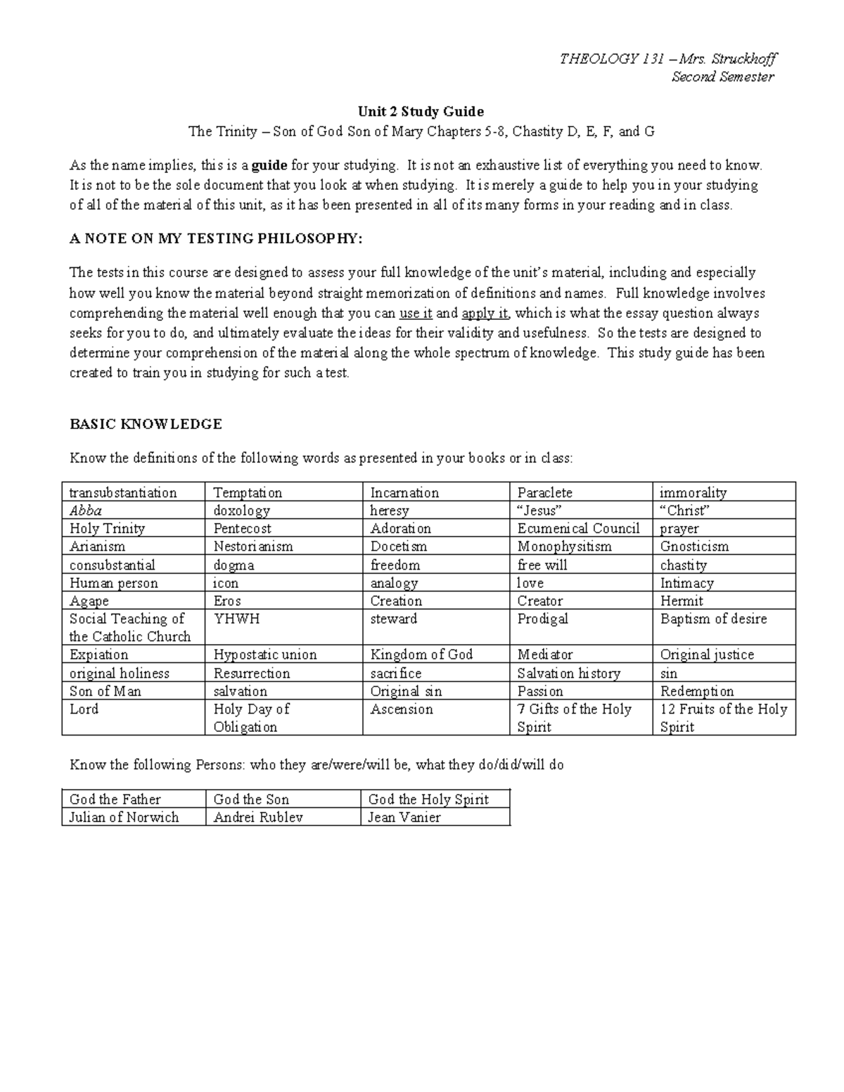 Unit 2 Theology Study Guide - Second Semester Unit 2 Study Guide The ...