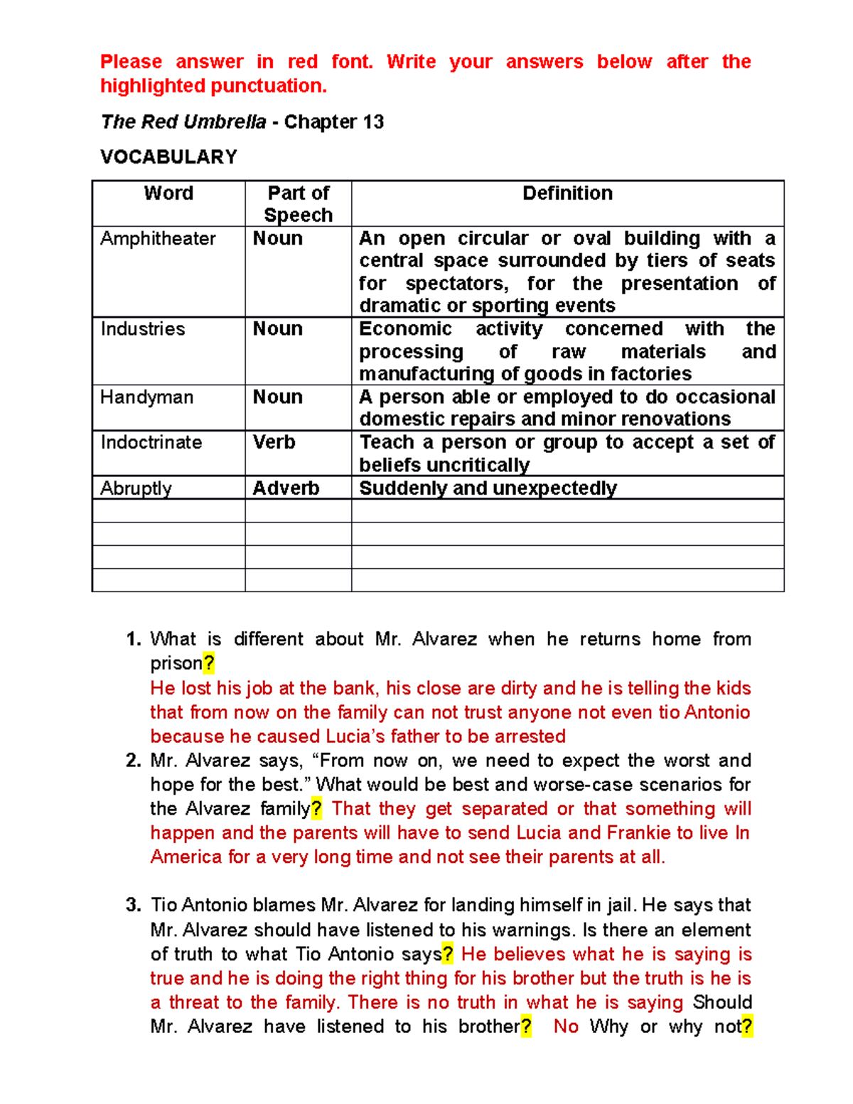 The Red Umbrella Chapter 13 Vocabulary Comp - Please answer in red font ...